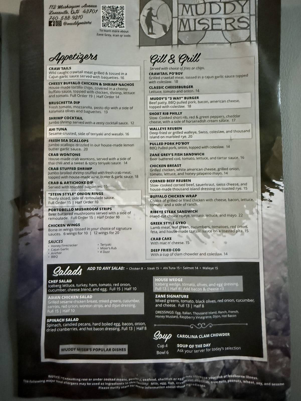 Menu at Muddy Misers Restaurant, Zanesville
