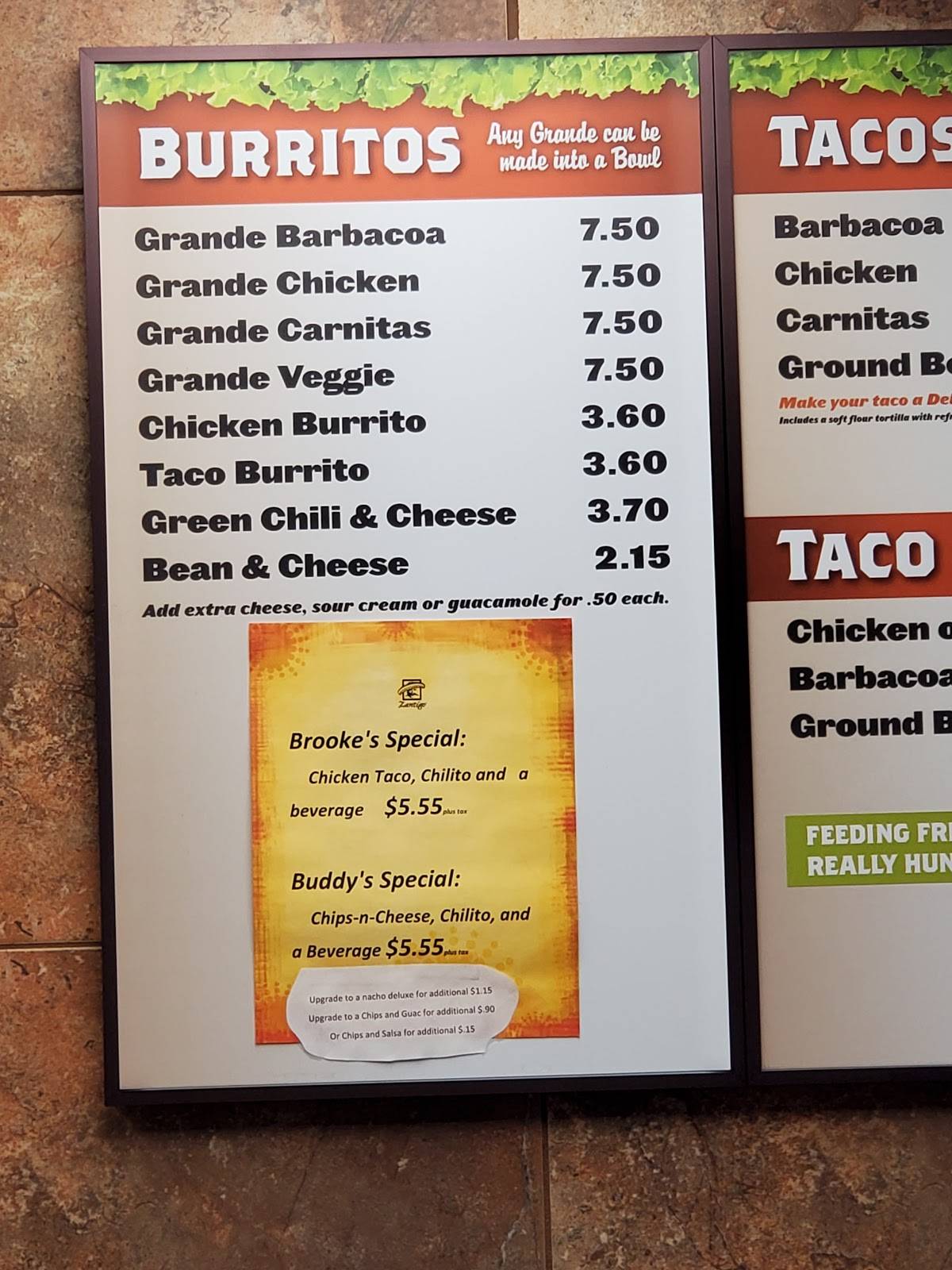 Menu at Zantigo restaurant, Fridley