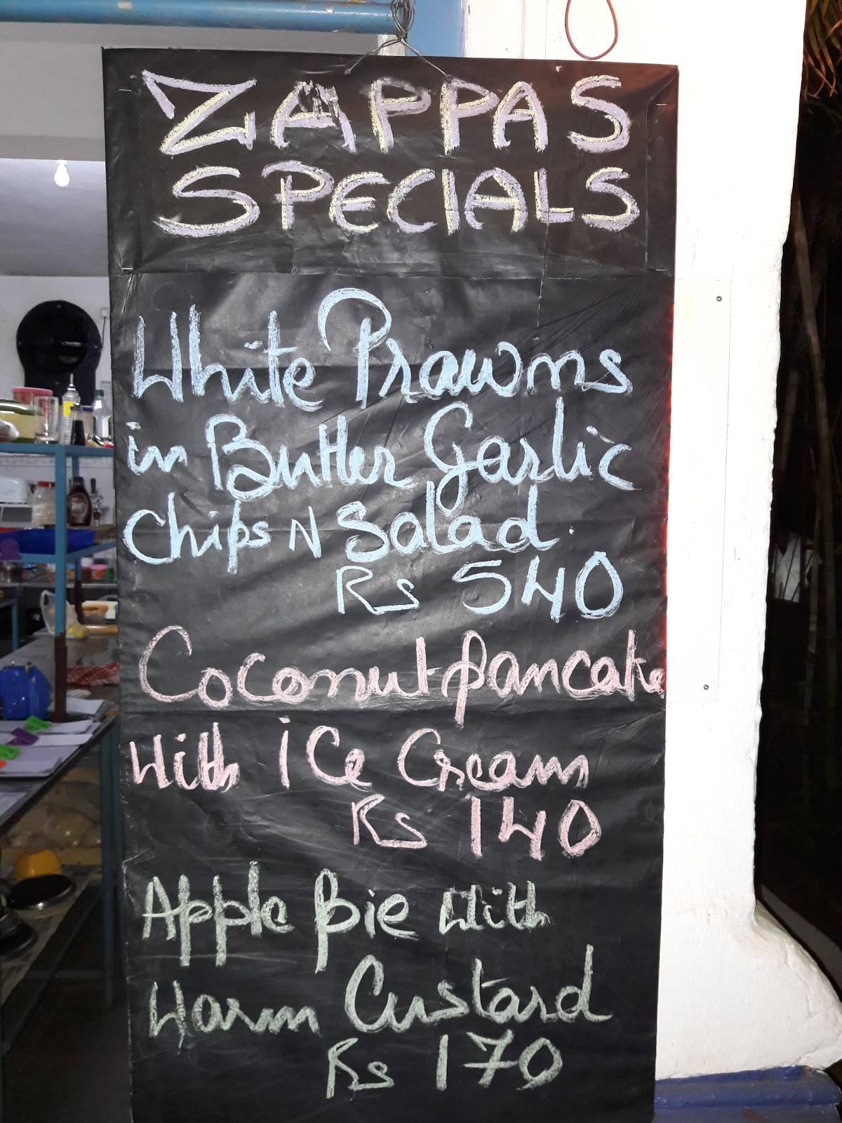 Menu at Zappa's, Candolim