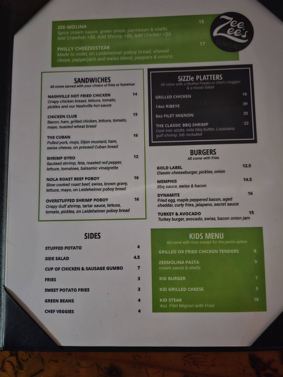 Menu at Zee Zees pub & bar, Baton Rouge