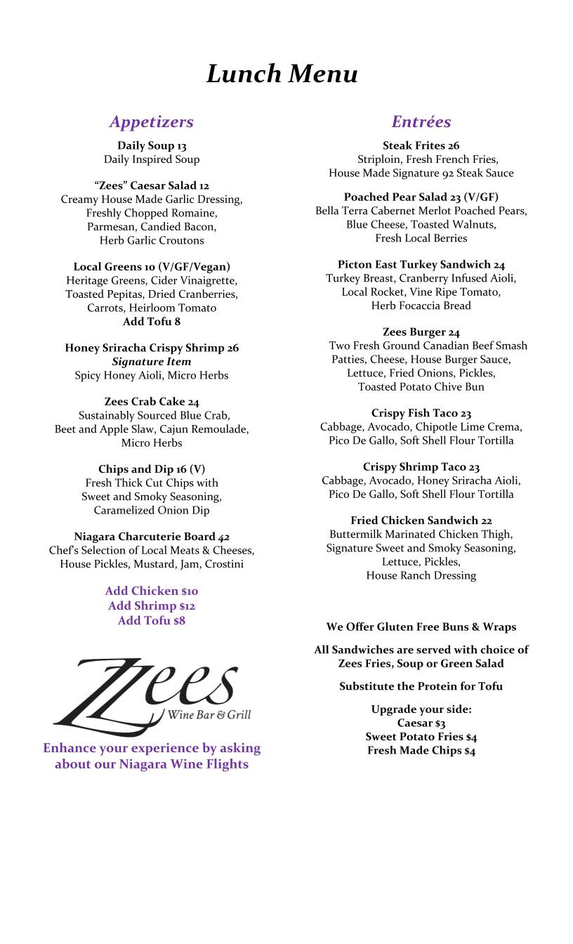 Menu at Zees Wine Bar & Grill, Niagara-on-the-Lake