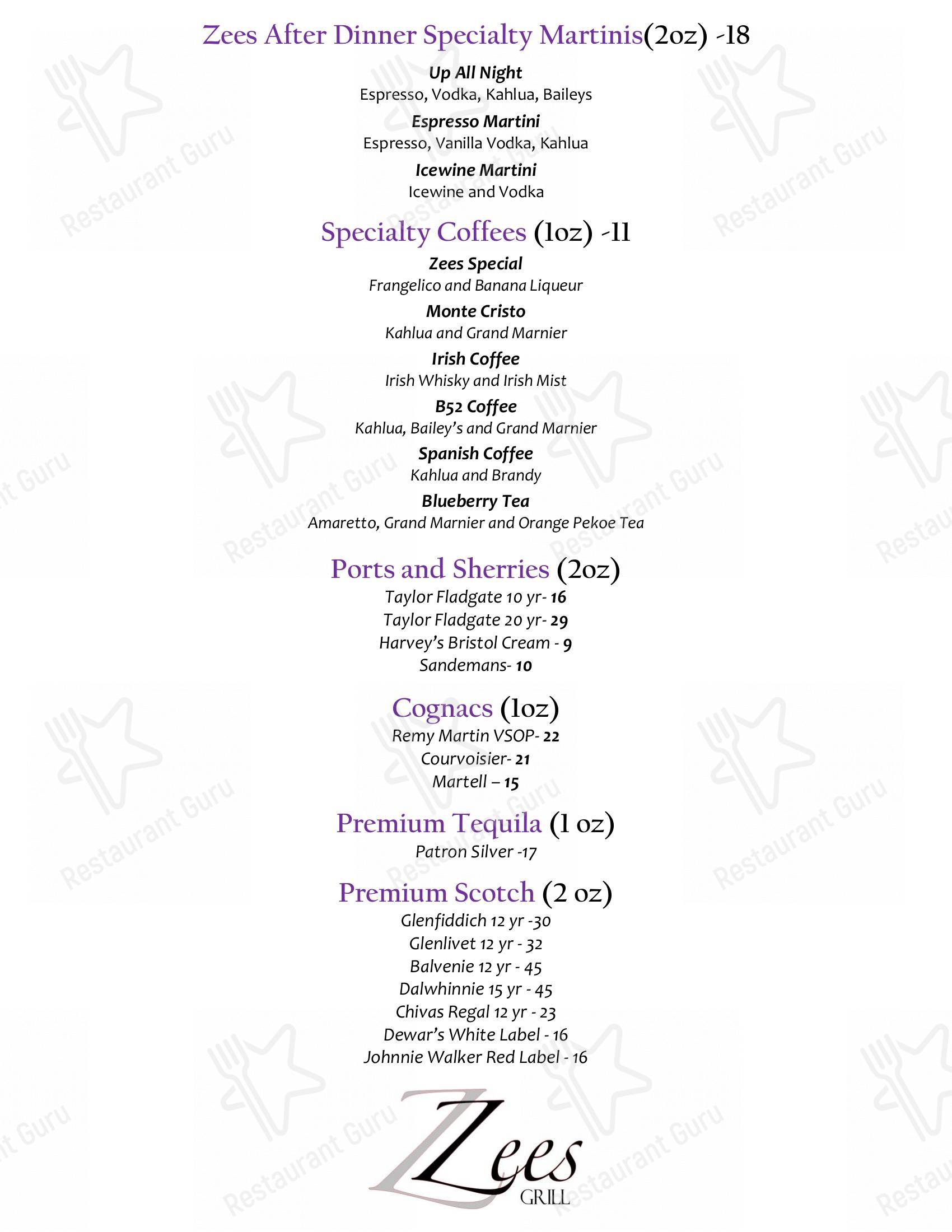Menu at Zees Wine Bar & Grill, Niagara-on-the-Lake