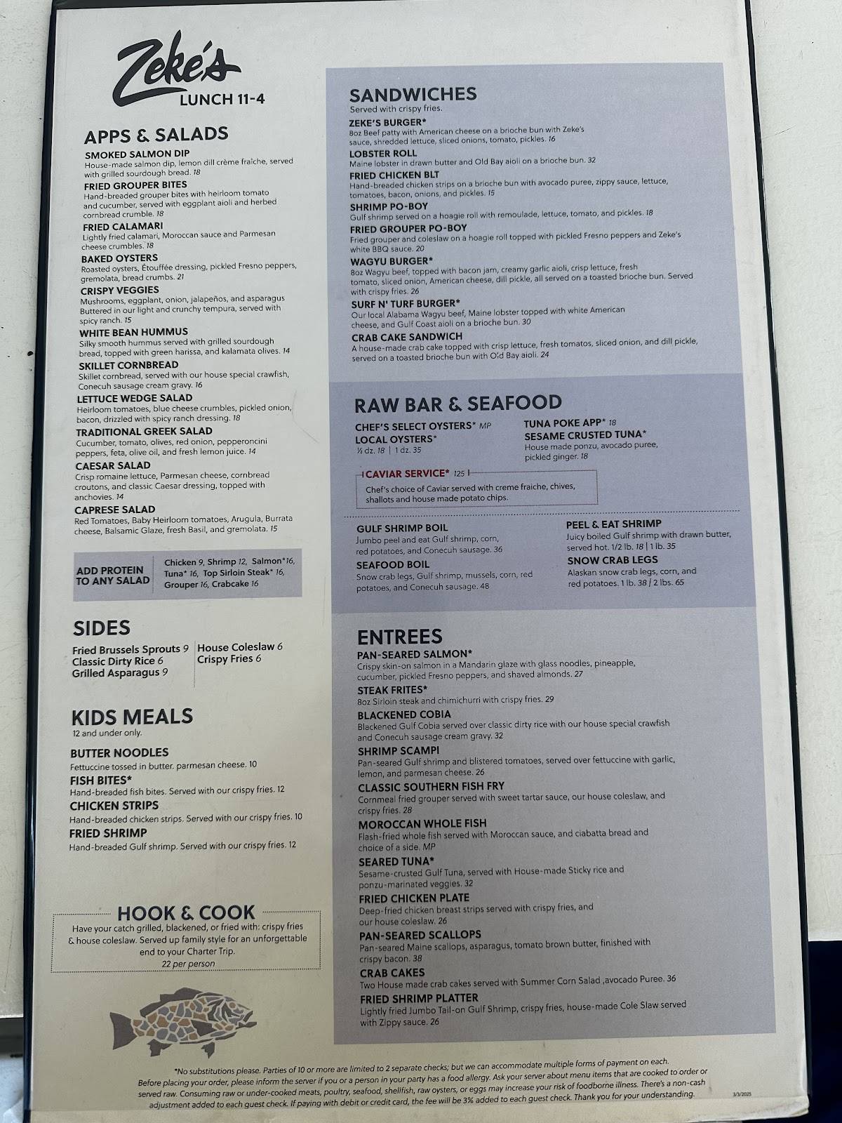 Menu at Zeke's Restaurant, Orange Beach