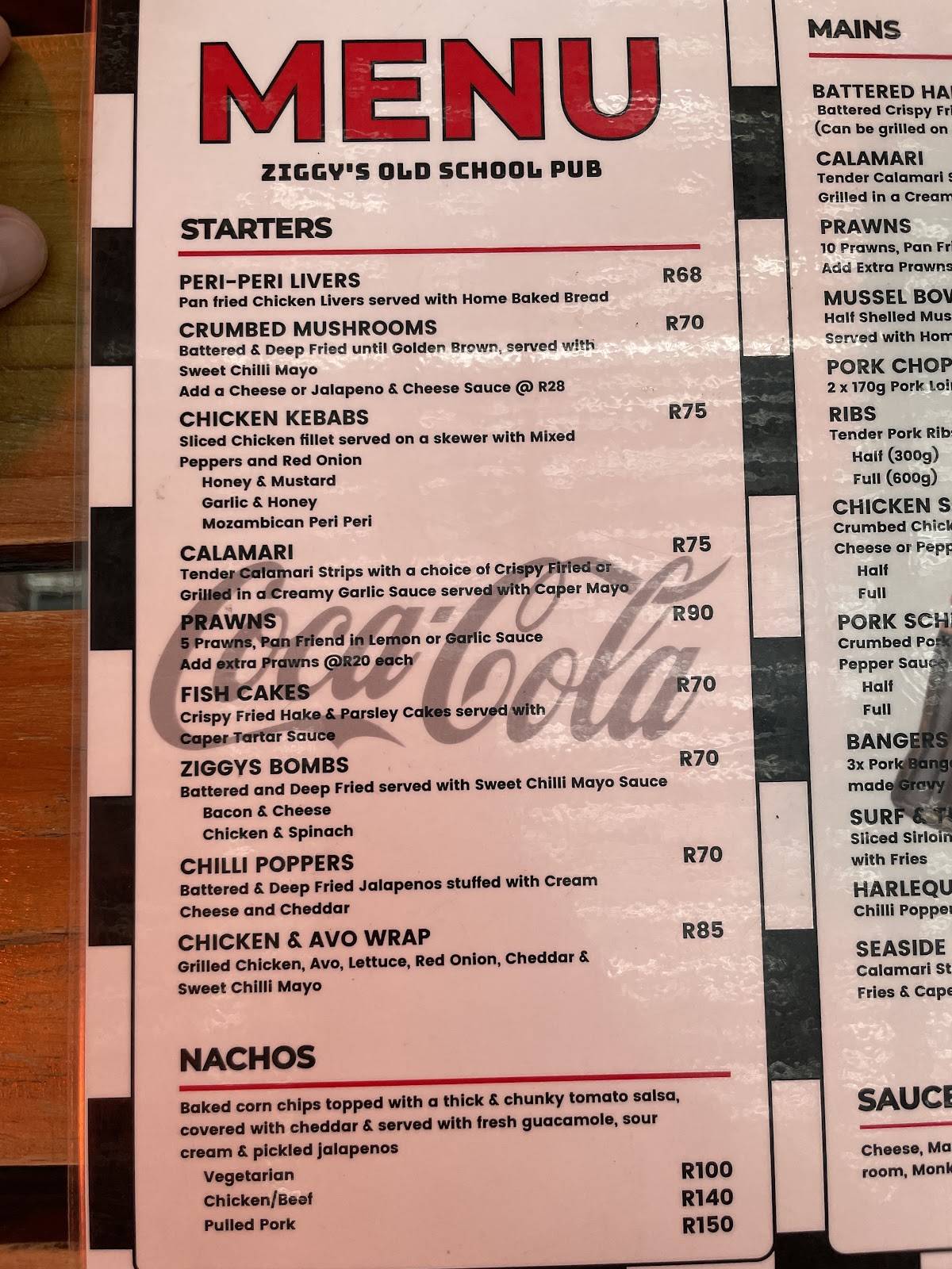 Menu at Ziggy's Old School Pub, Port Elizabeth