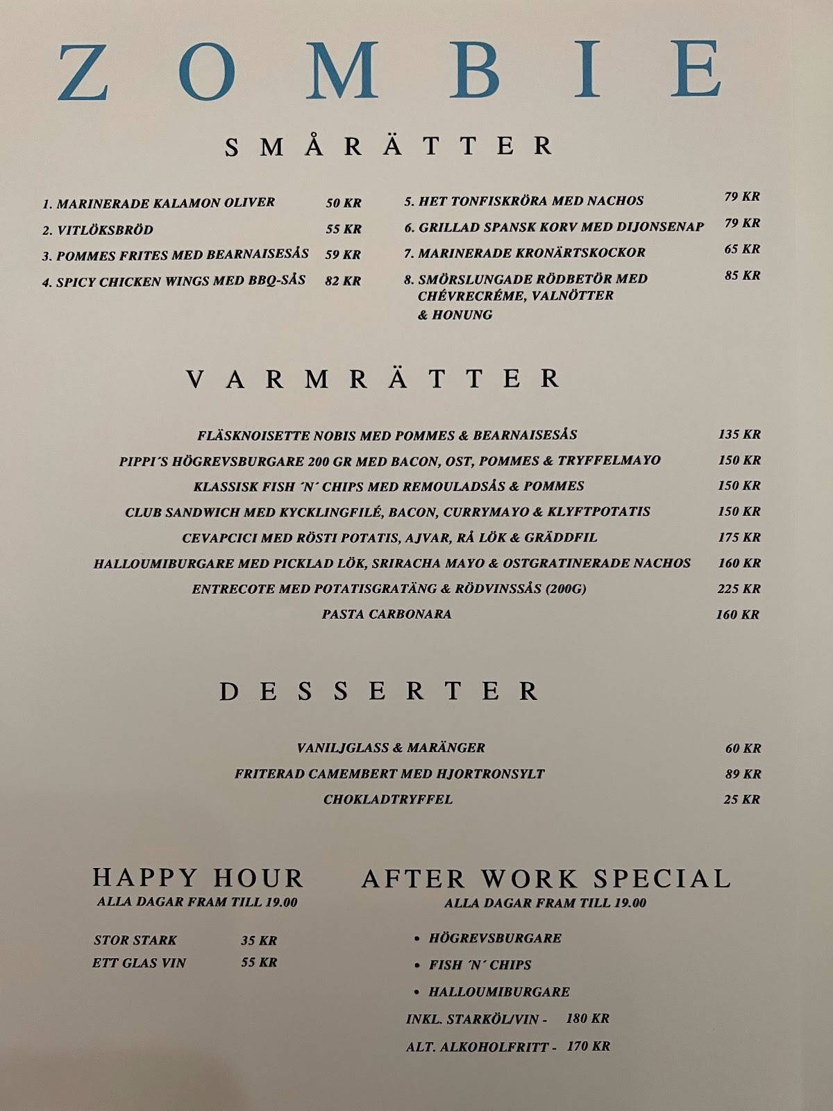 Menu at Zombie Bar och Kök, Stockholm