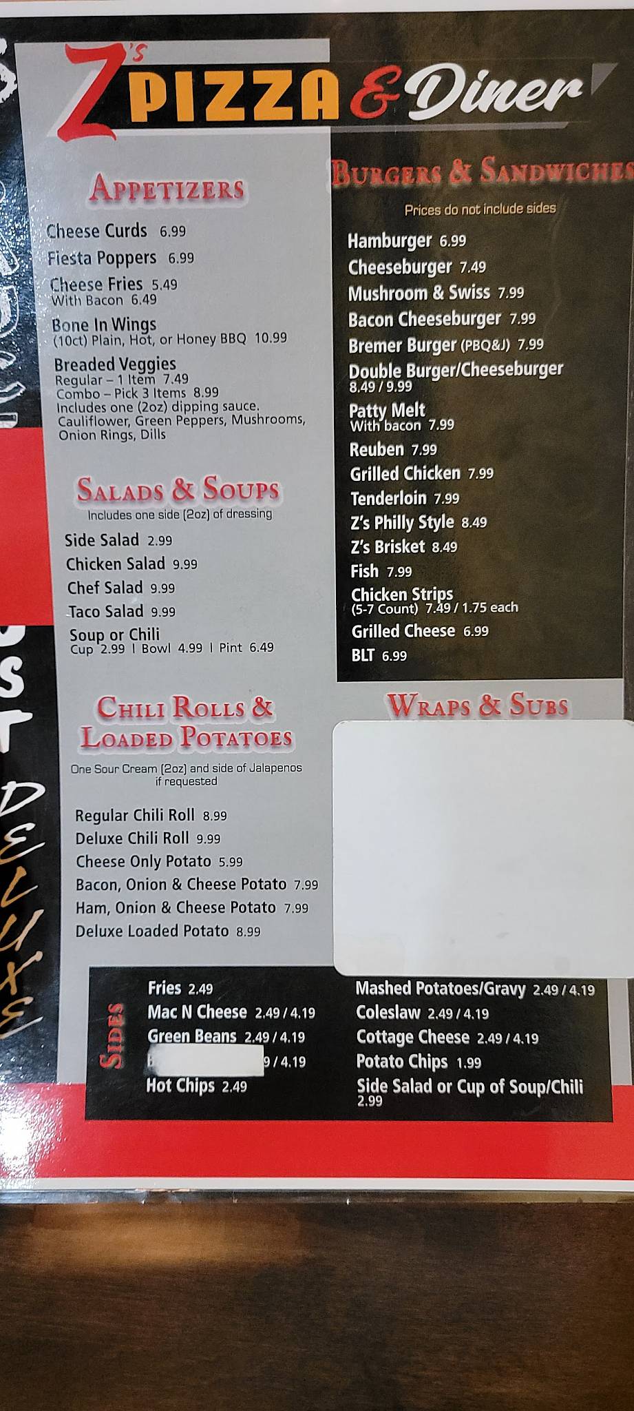 Menu at Z's Pizza & Diner pizzeria, Waverly