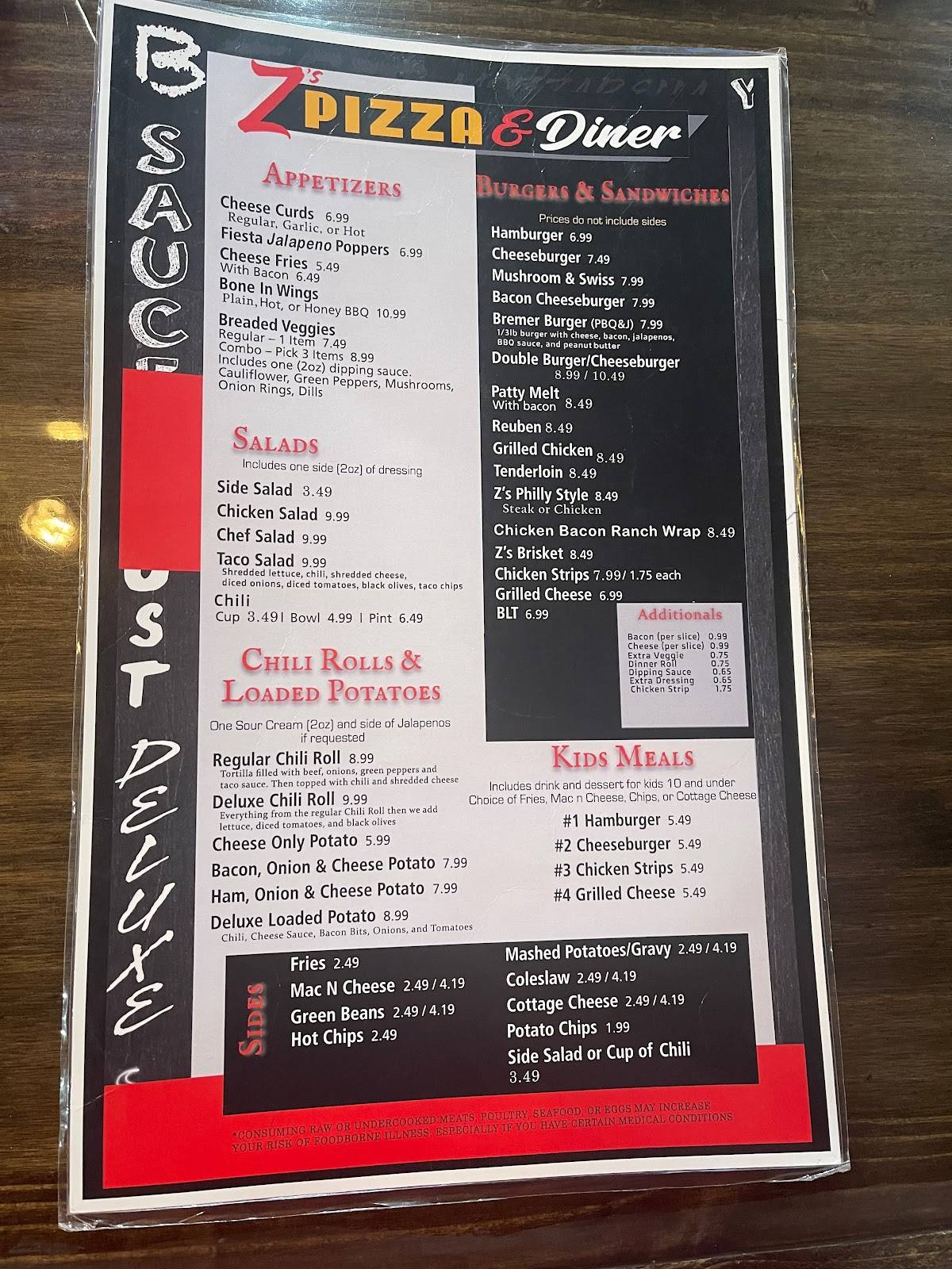 Menu at Z's Pizza & Diner pizzeria, Waverly