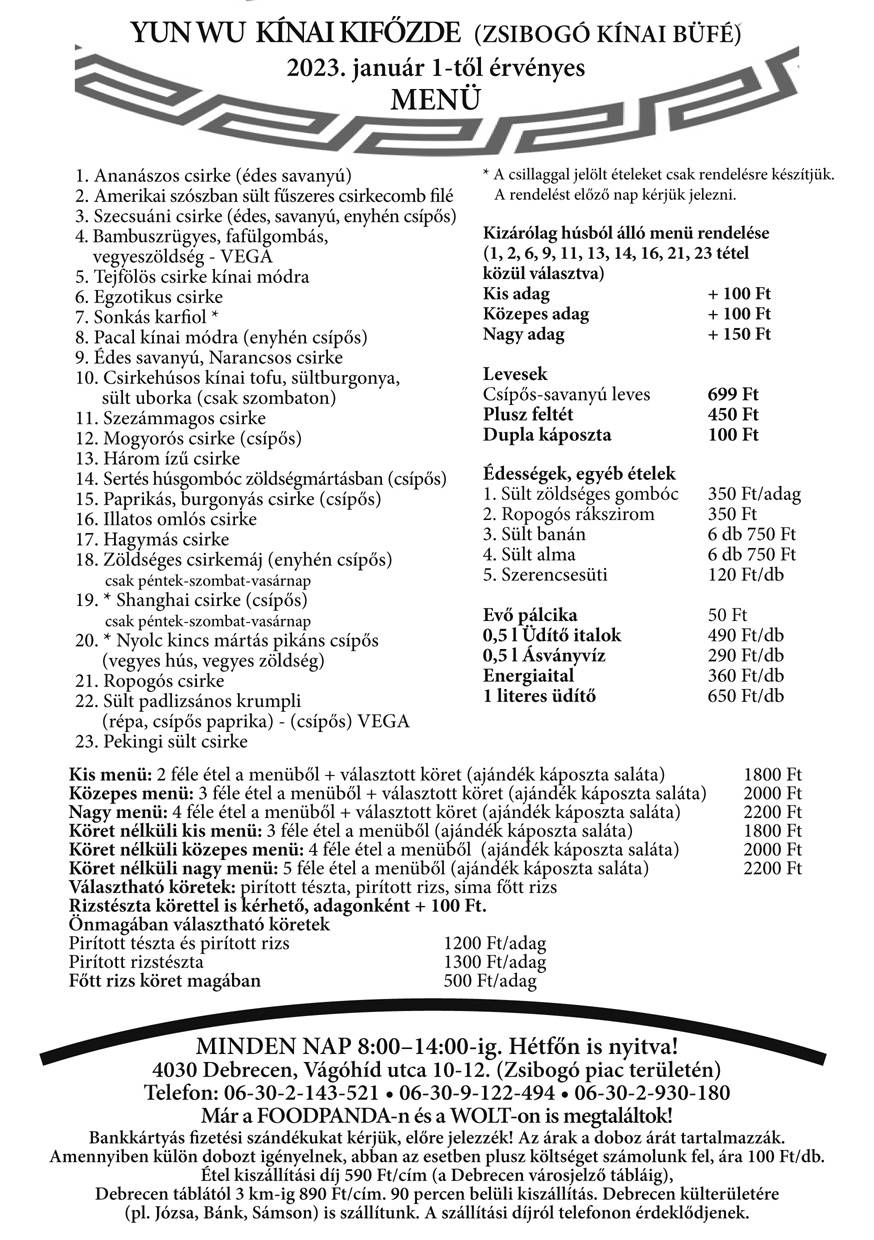 Menu at Zsibogó Kínai Büfé restaurant, Debrecen