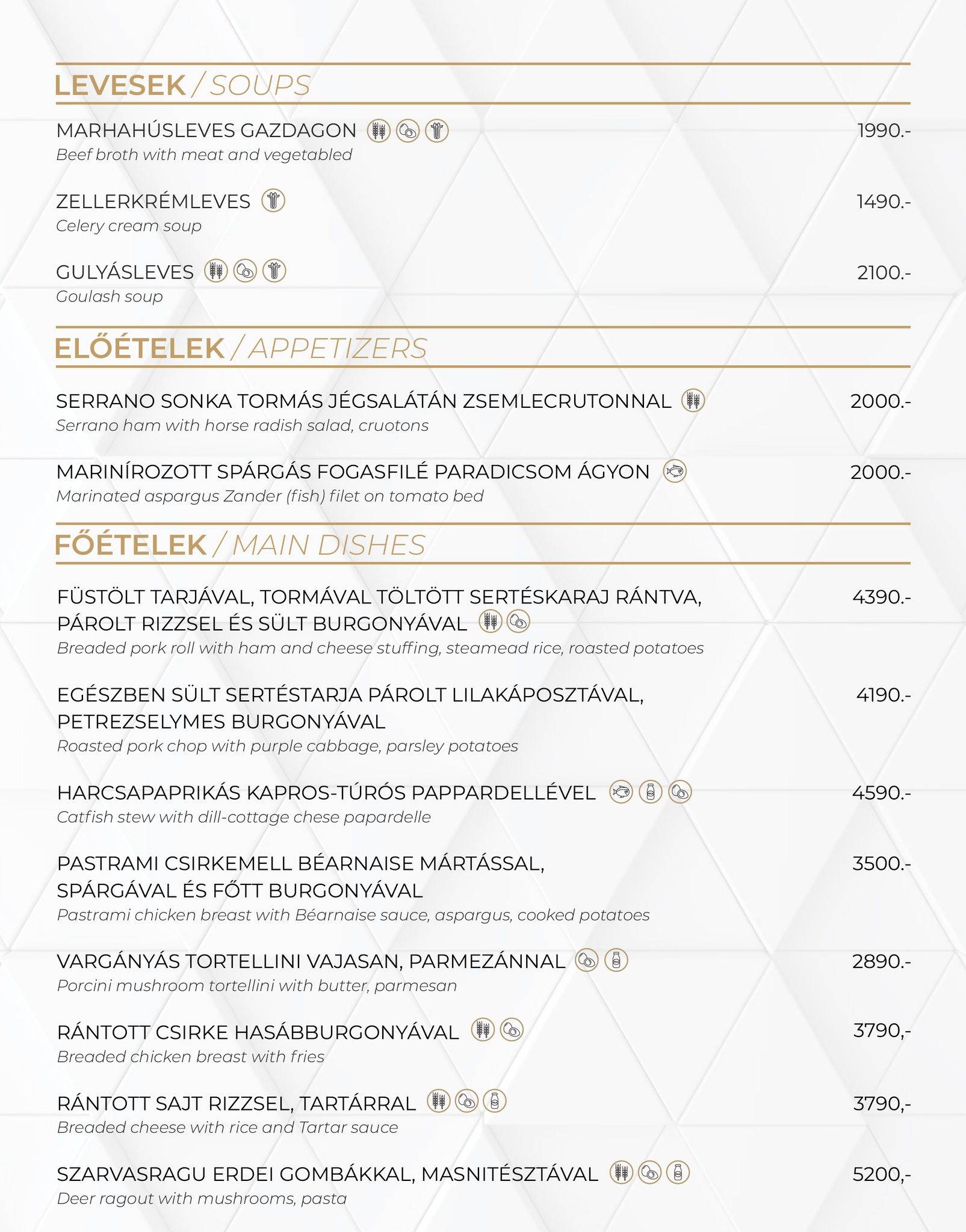 Menu at Zsolnay étterem restaurant, Pécs