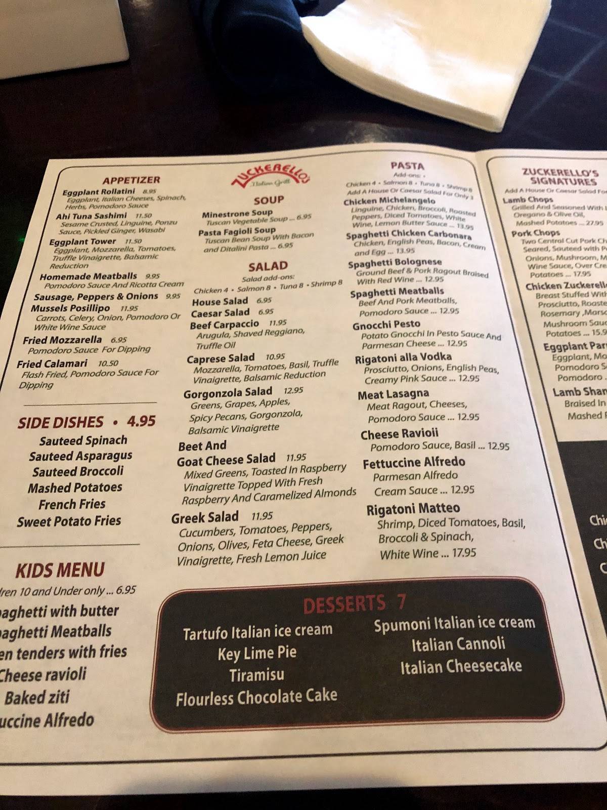 Menu at Zuckerello's restaurant, Fort Lauderdale