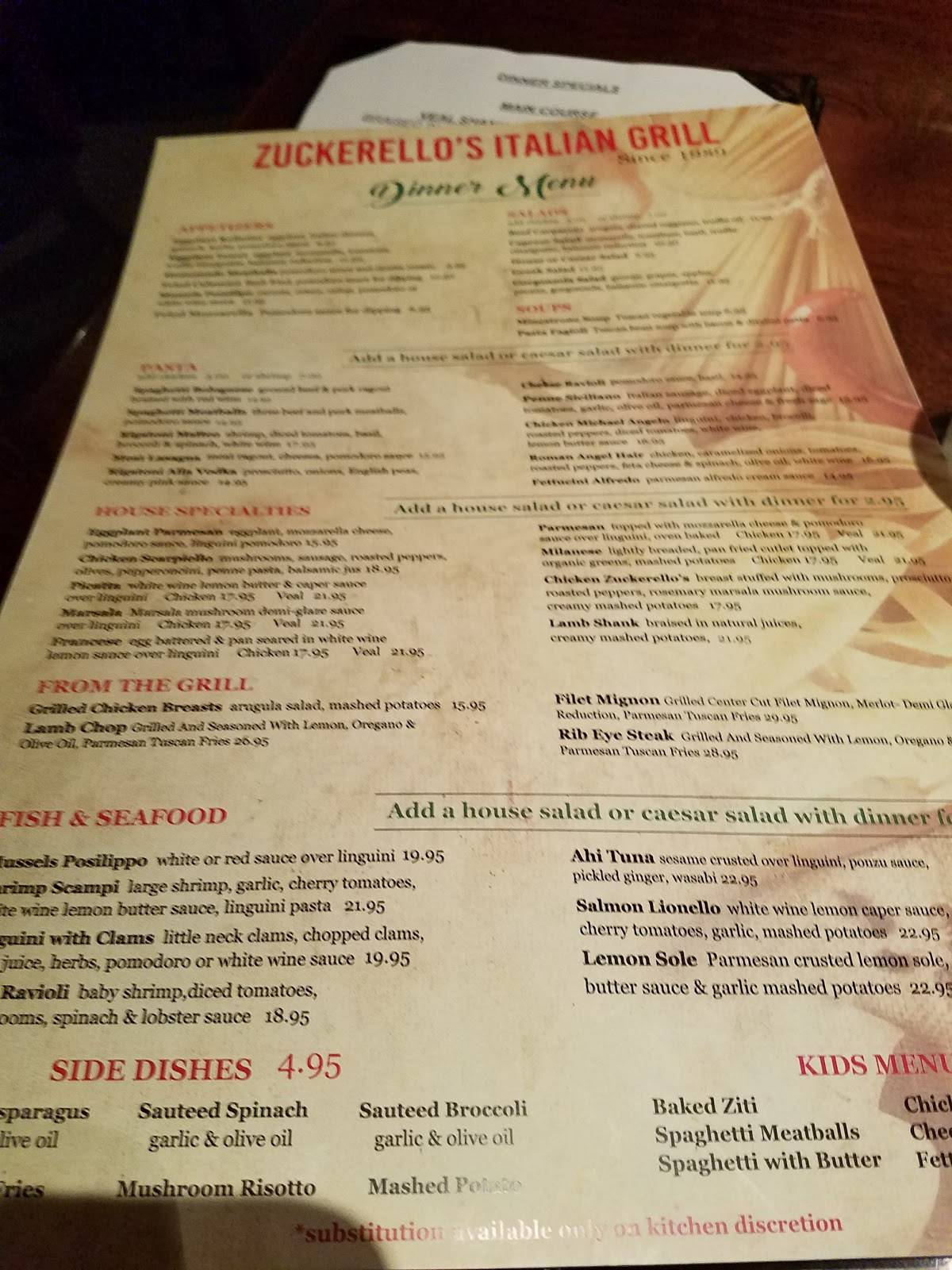 Menu at Zuckerello's restaurant, Fort Lauderdale