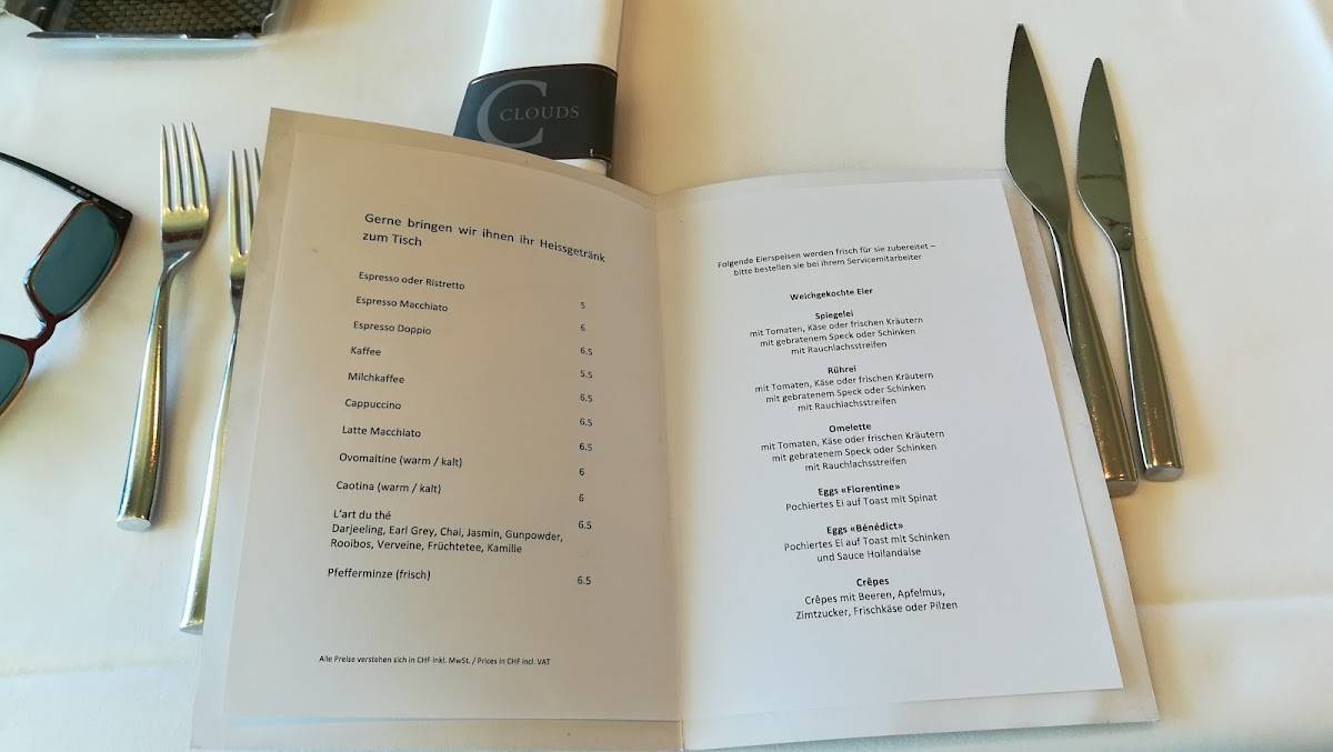 Menu at CLOUDS, Zürich, Maagpl. 5