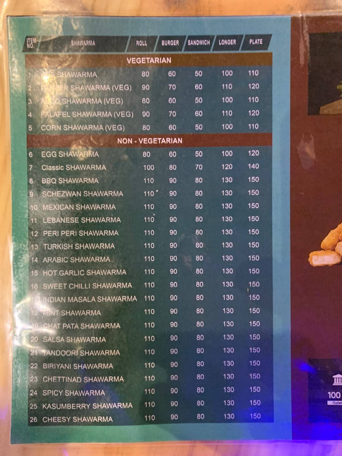 Menu at Zwarma Thiruvalla, Thiruvalla