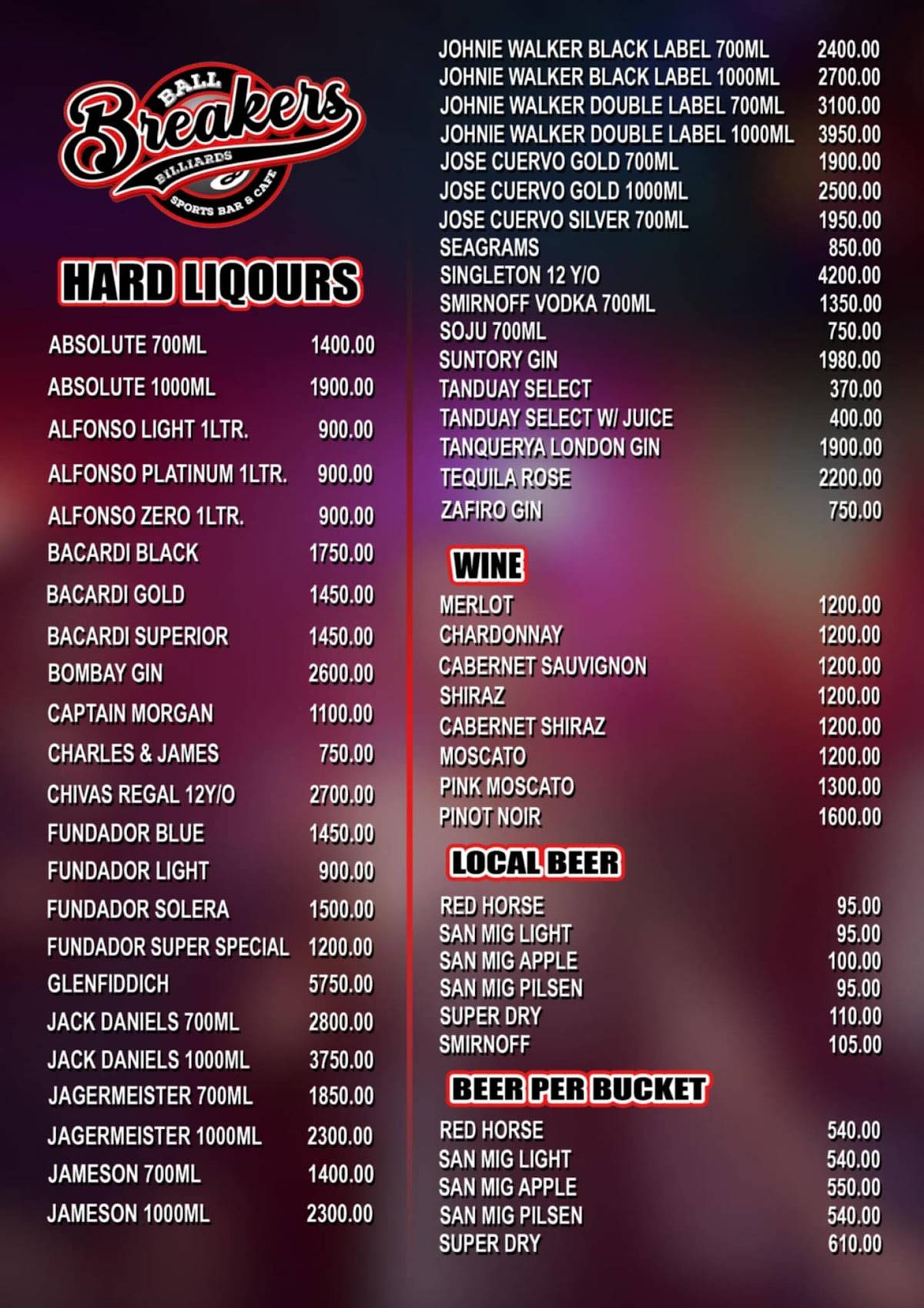 Carta de ball breaker billards sports bar & cafe, Dávao