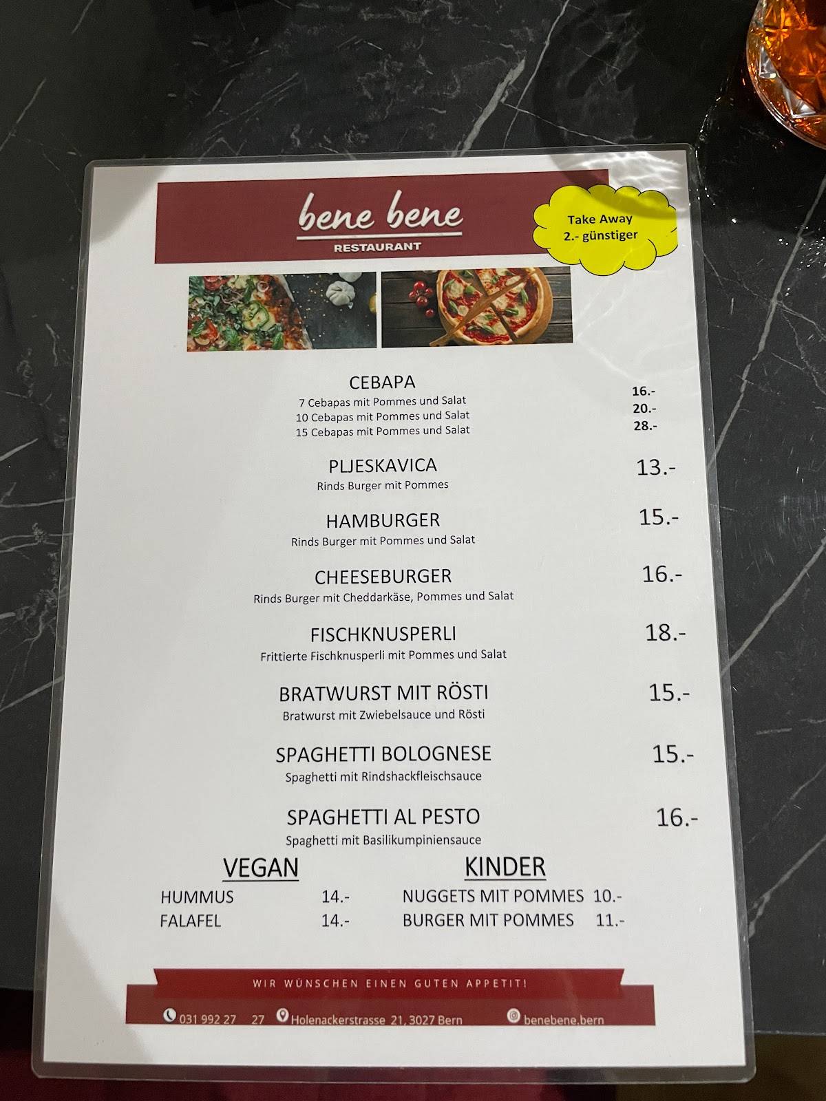 Speisekarte von bene bene Restaurant, Bern