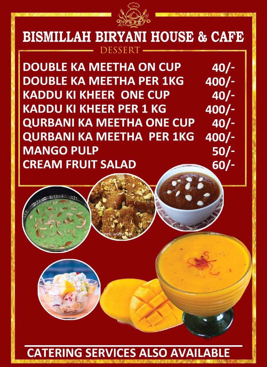 Menu at bismillah Biryani House, Hyderabad, opposite Red Rose Bakery
