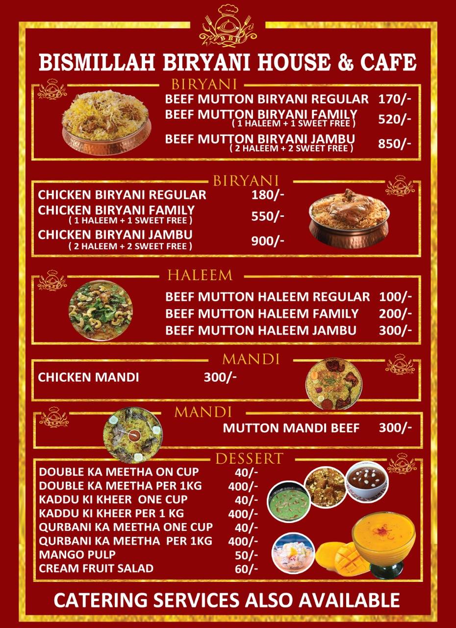 Menu at bismillah Biryani House, Hyderabad, opposite Red Rose Bakery