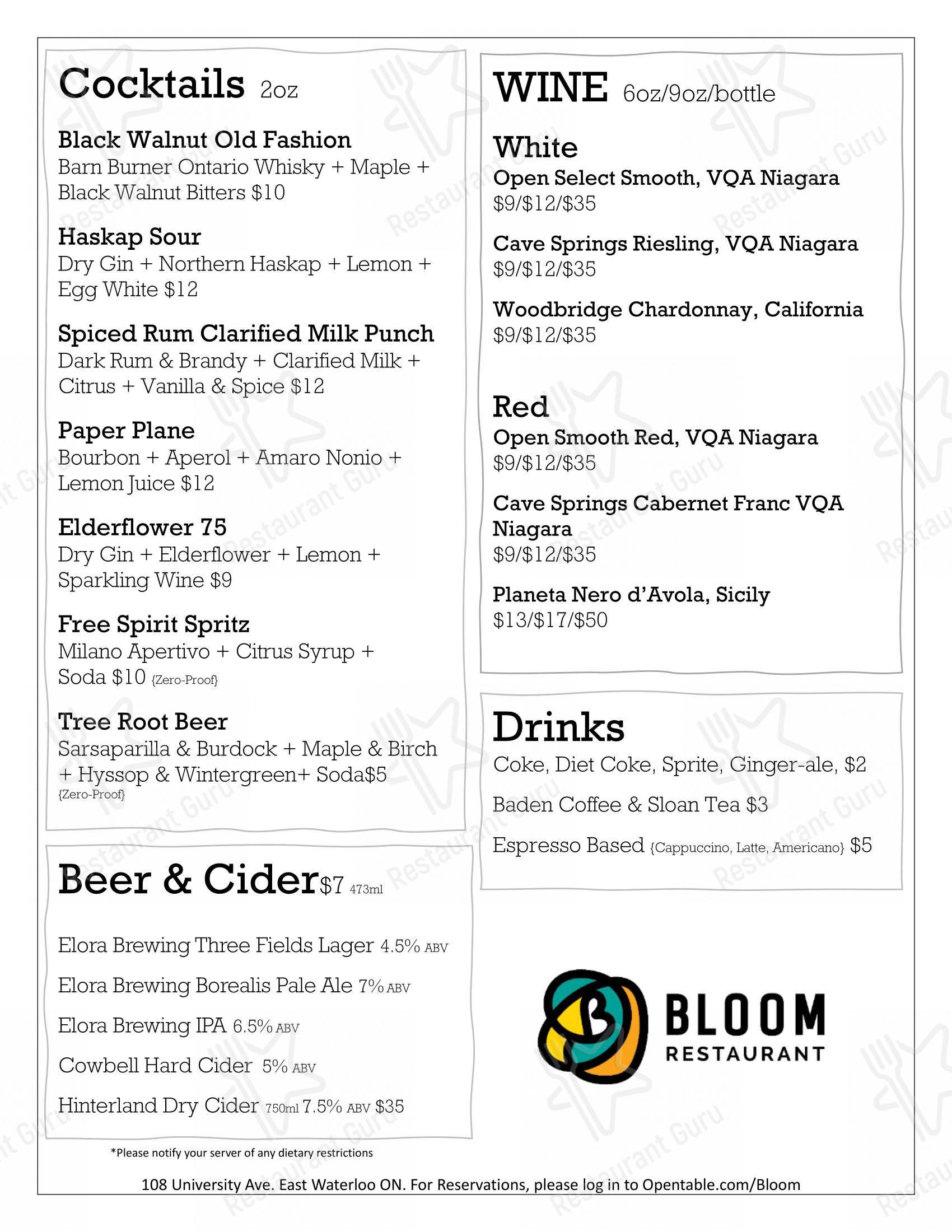 Menu at bloom. at Conestoga College cafeteria, Waterloo, 108 University ...