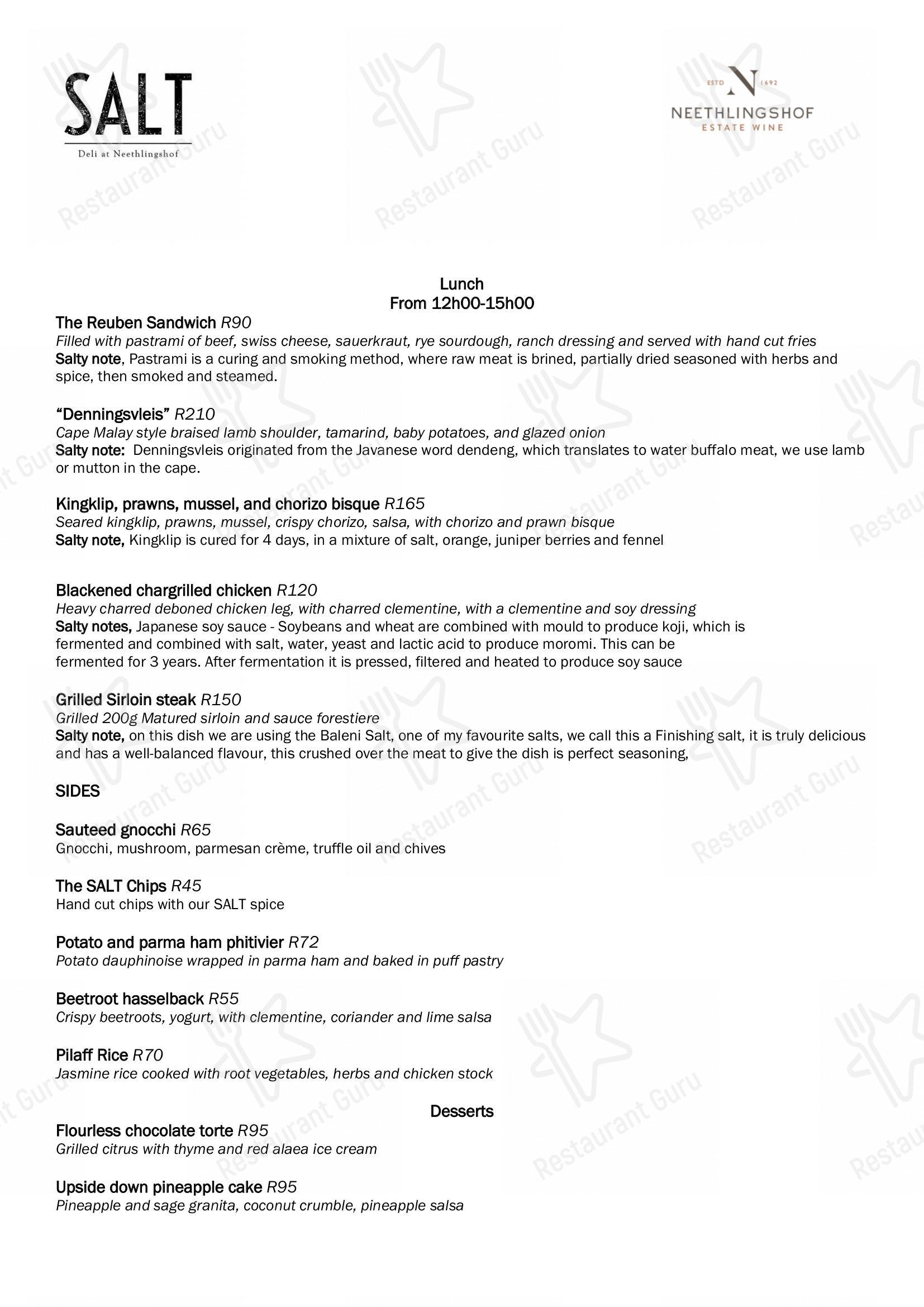 Menu at The Restaurant At Neethlingshof, Stellenbosch