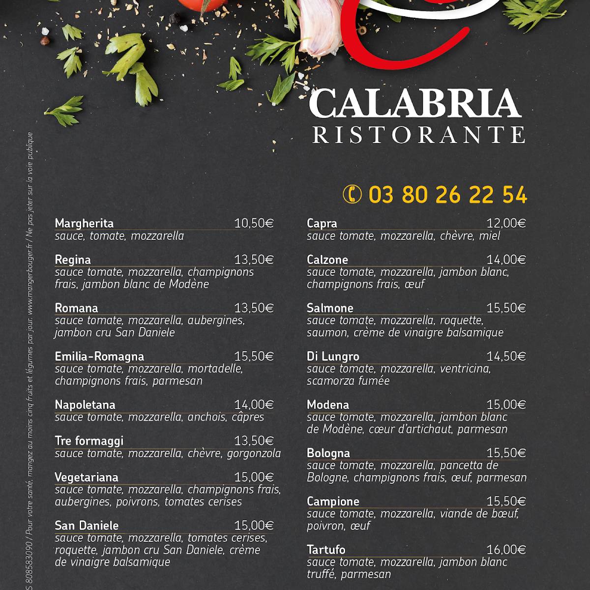 Menu au Calabria ristorante restaurant, Pommard