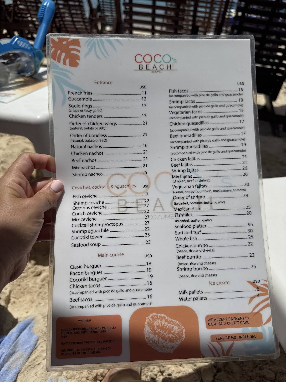 Menu at cocos beach restaurant, San Miguel de Cozumel