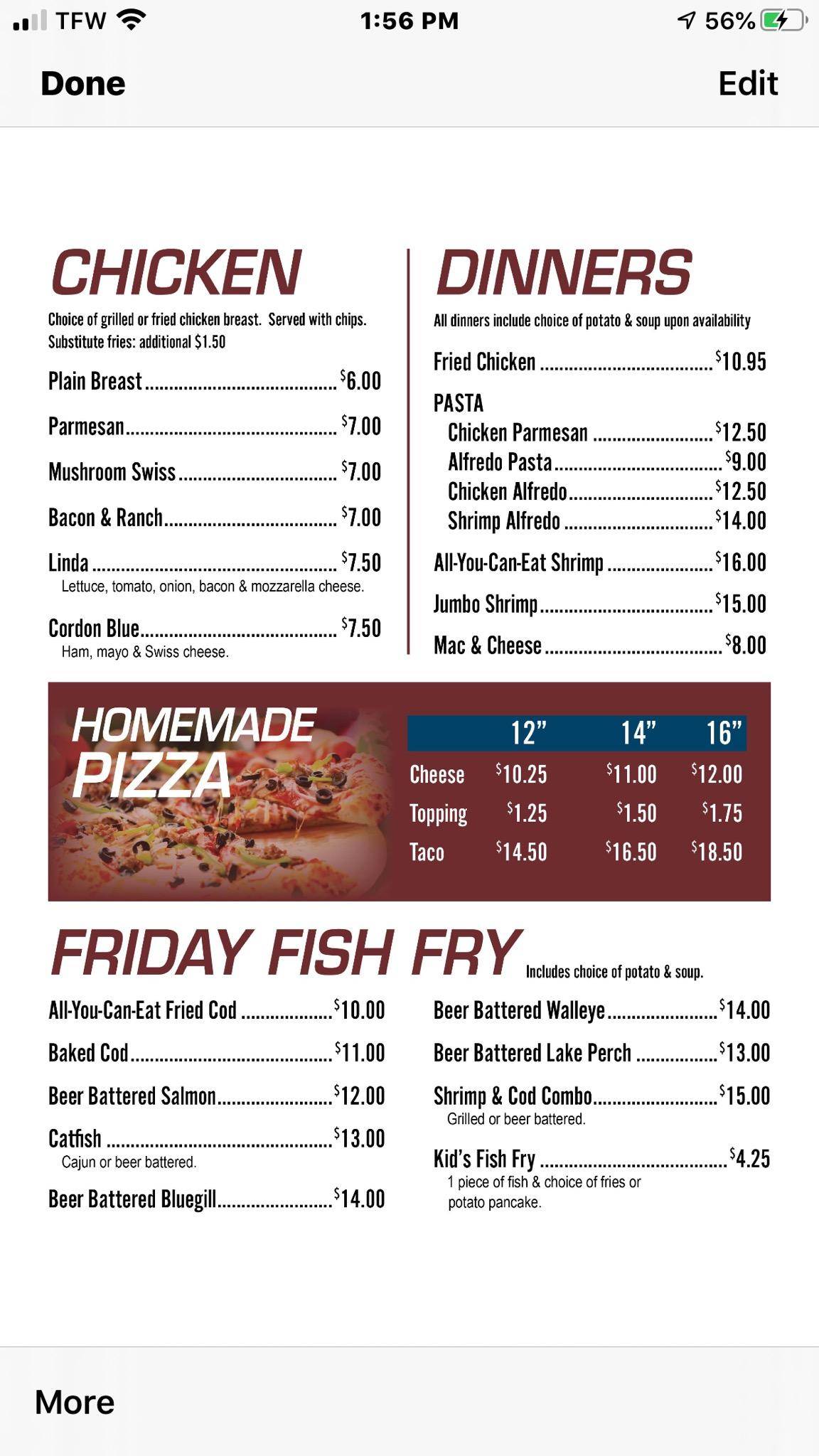 Menu at countryside pub, Burlington