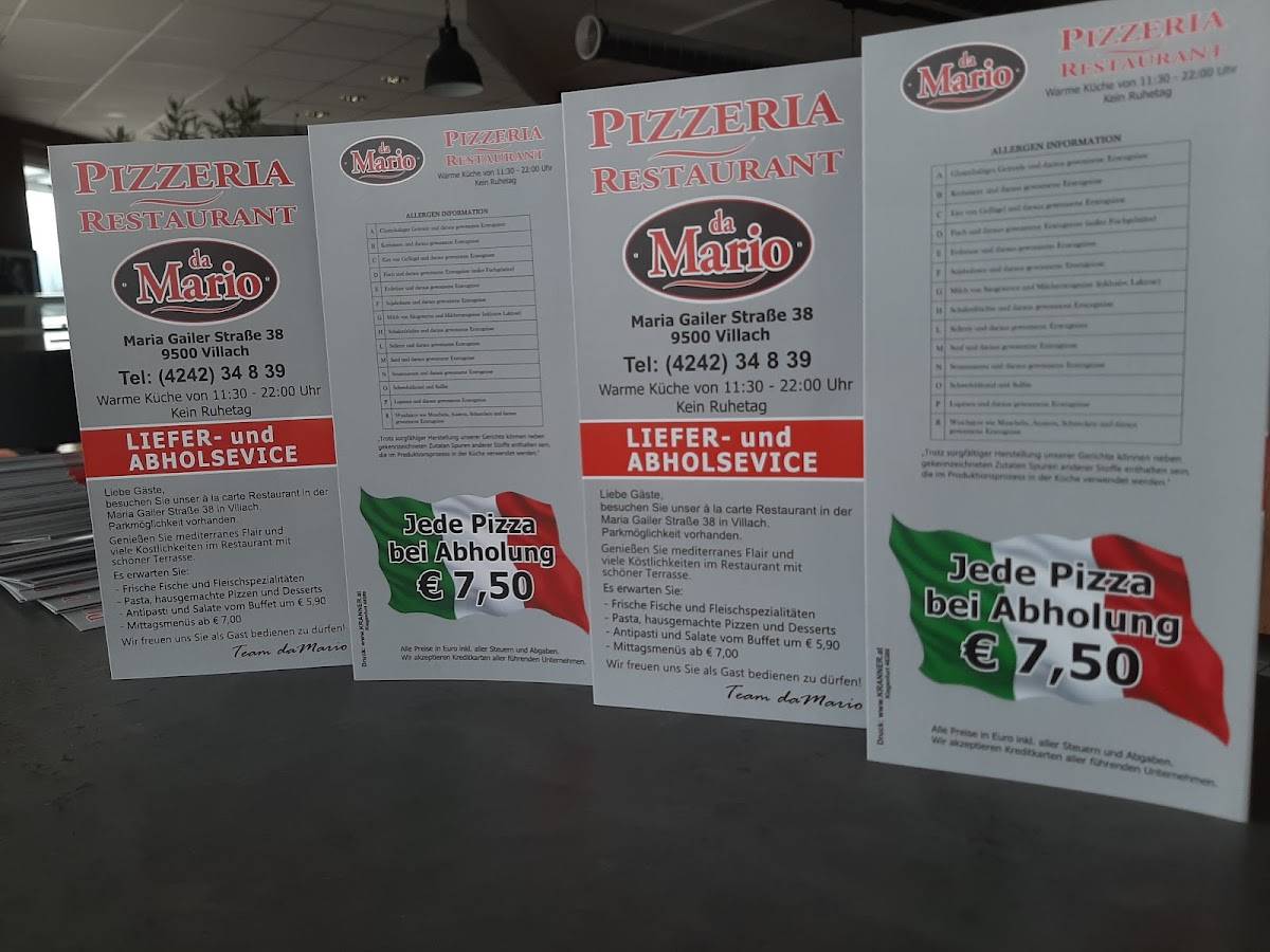 Speisekarte von da MARIO ristorante pizzeria Fischspezialitäten, Villach