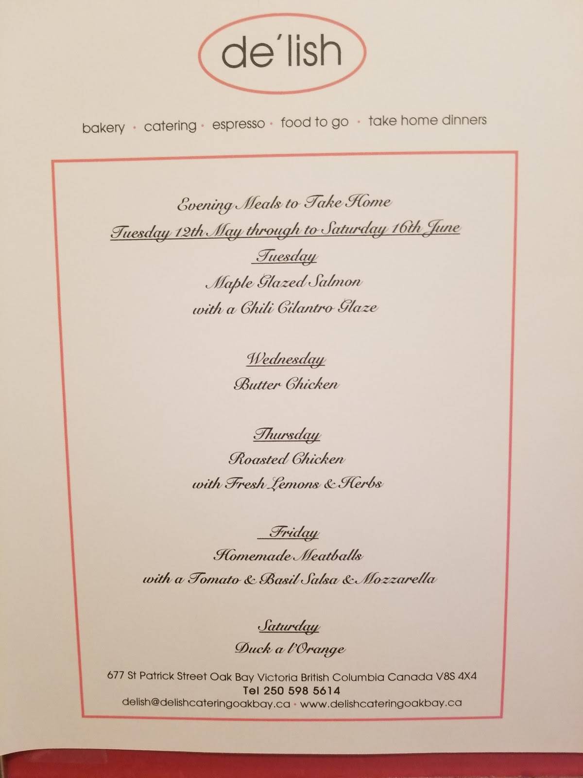Menu at de'lish Fine Foods & Catering cafe, Victoria