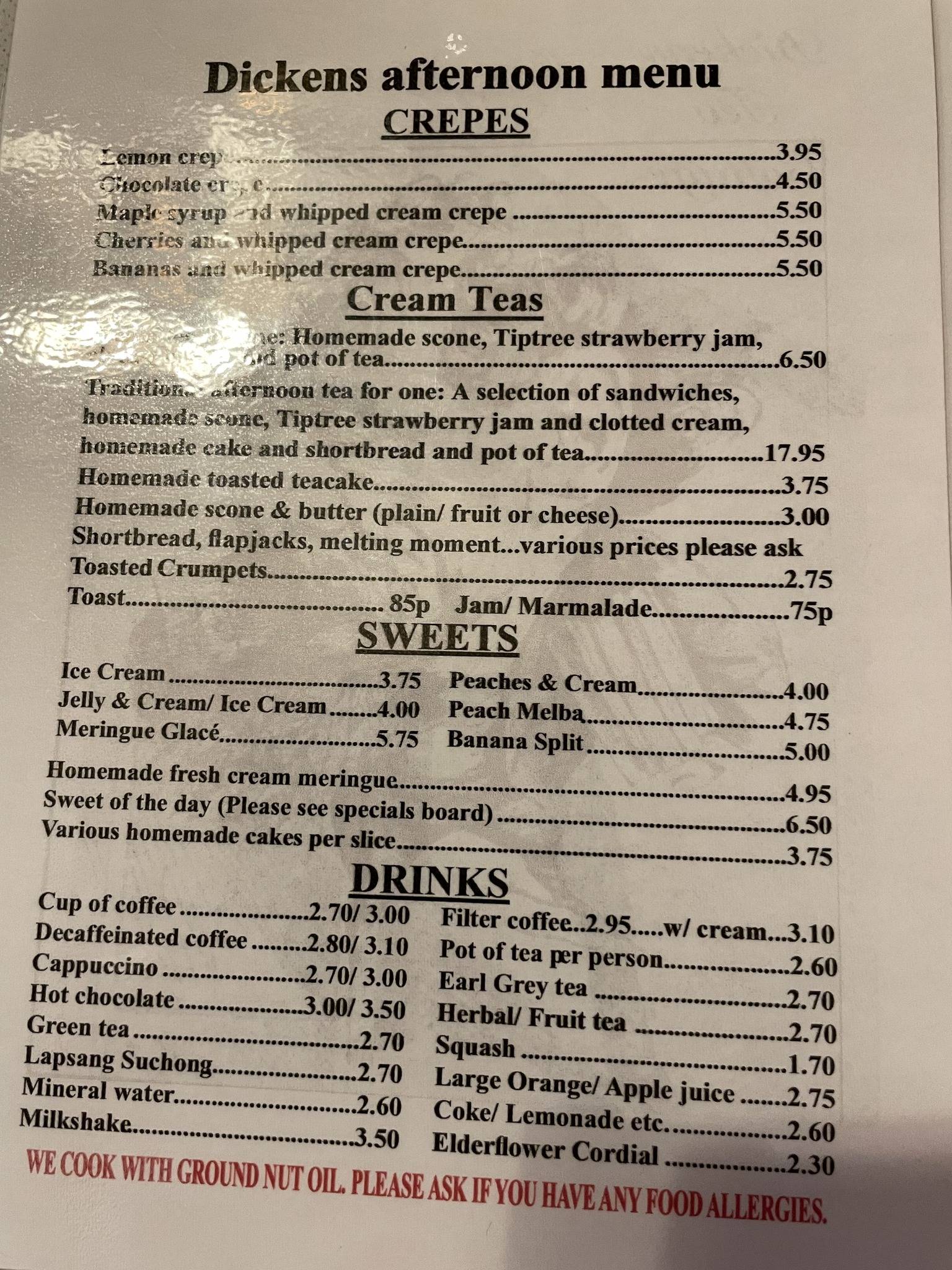 Menu at Dickens Tea Cottage cafe, Eastbourne