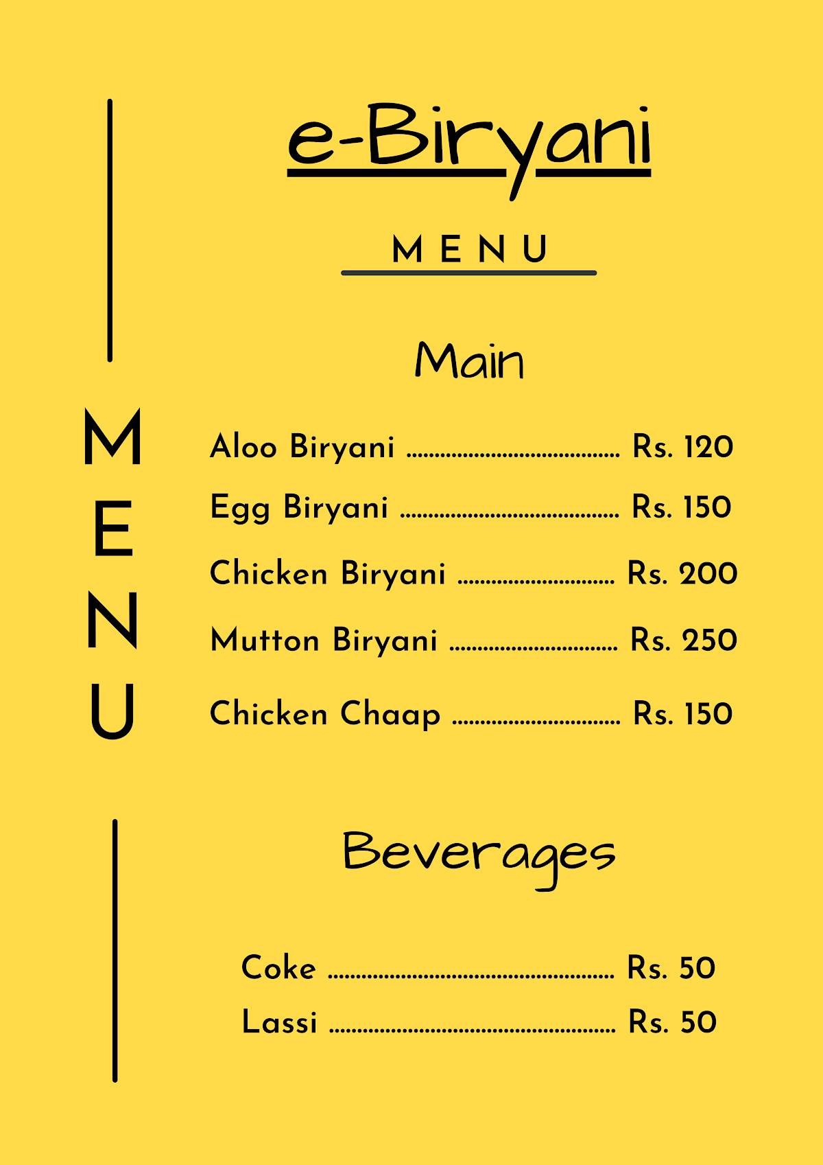 Menu at e-Biryani, Maheshtala