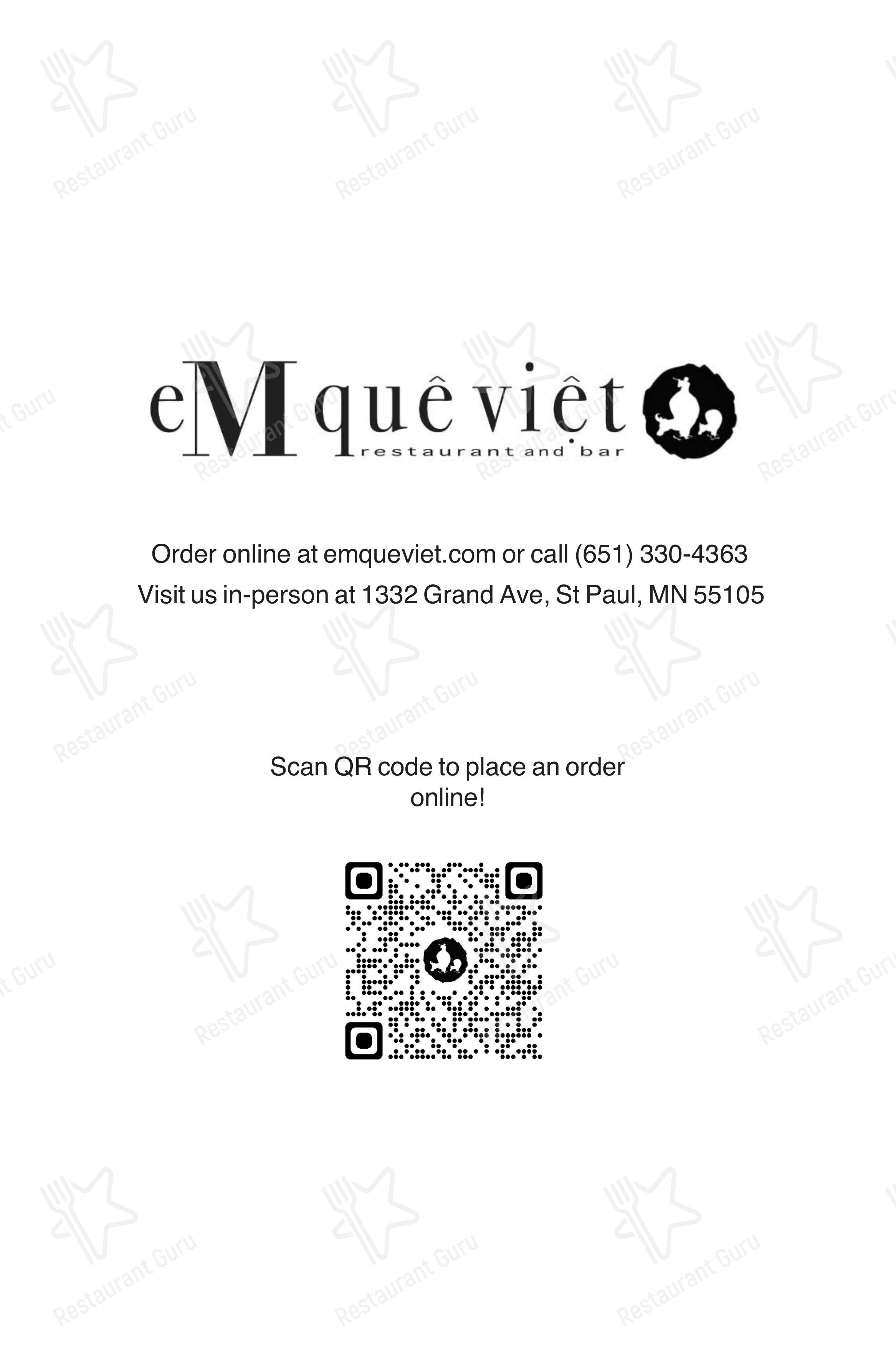 Menu at eM Que Viet Restaurant and Bar, Saint Paul