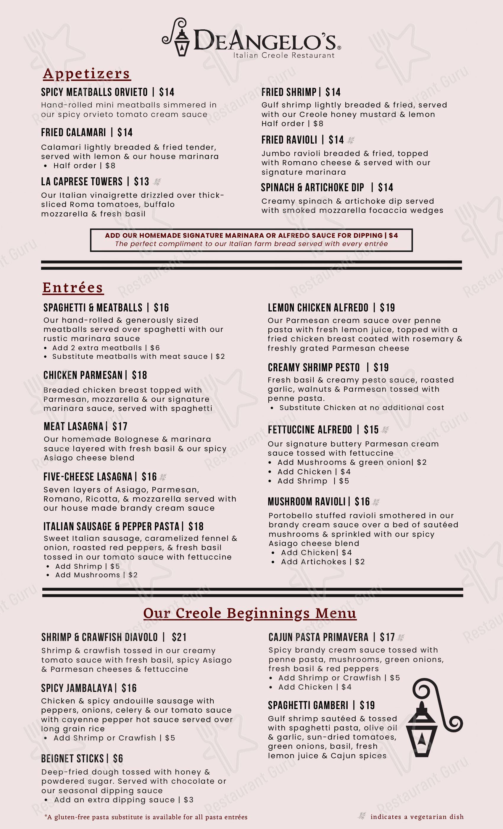 Menu at DeAngelo's Italian Creole Restaurant, Bloomington