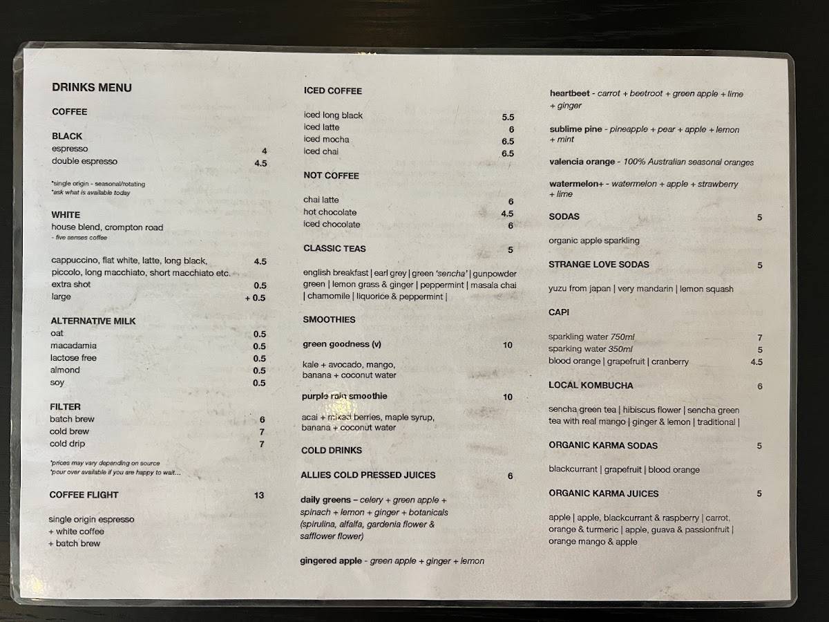 Menu at homage specialty coffee cafe, Parramatta