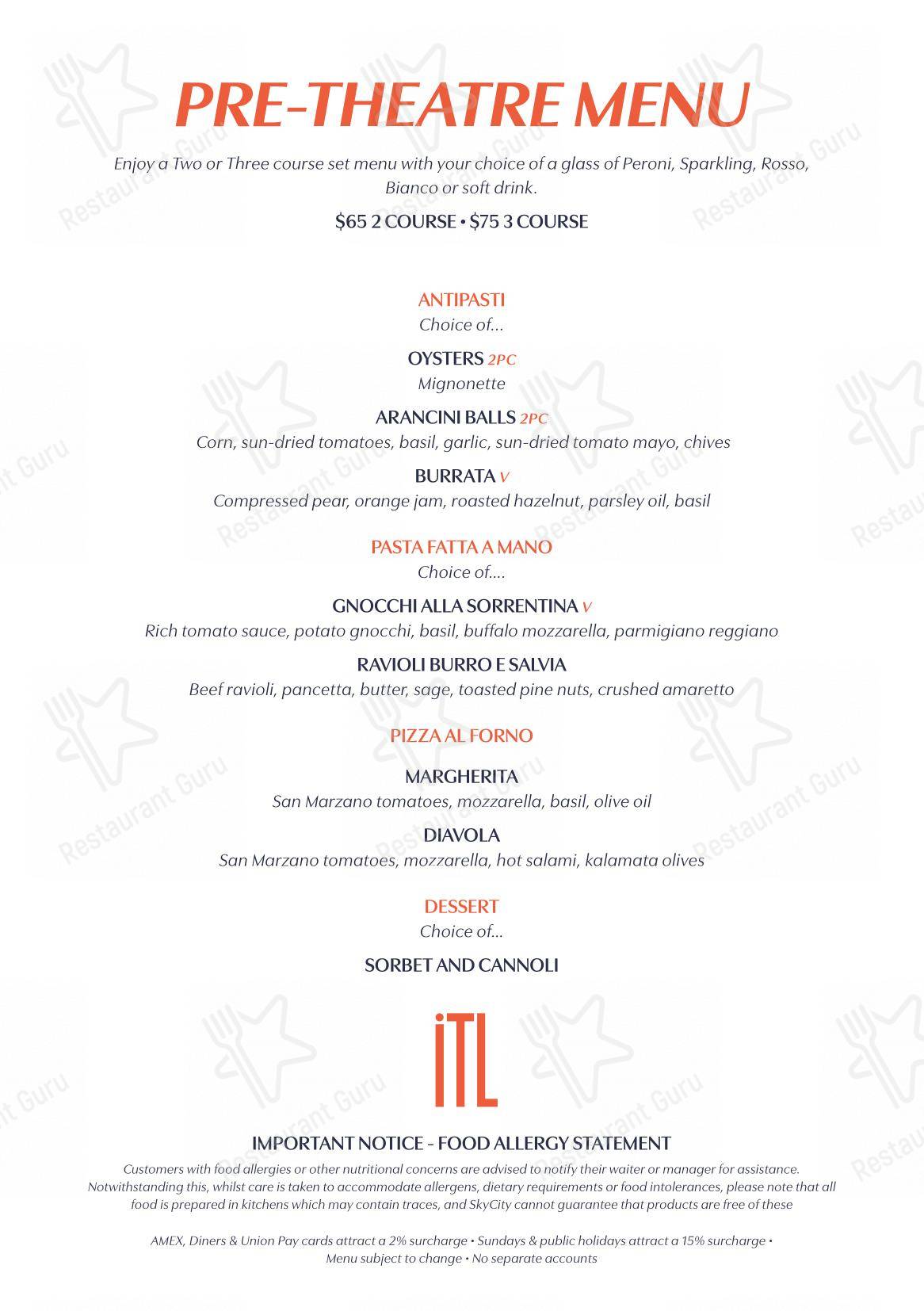Menu at iTL restaurant, Adelaide