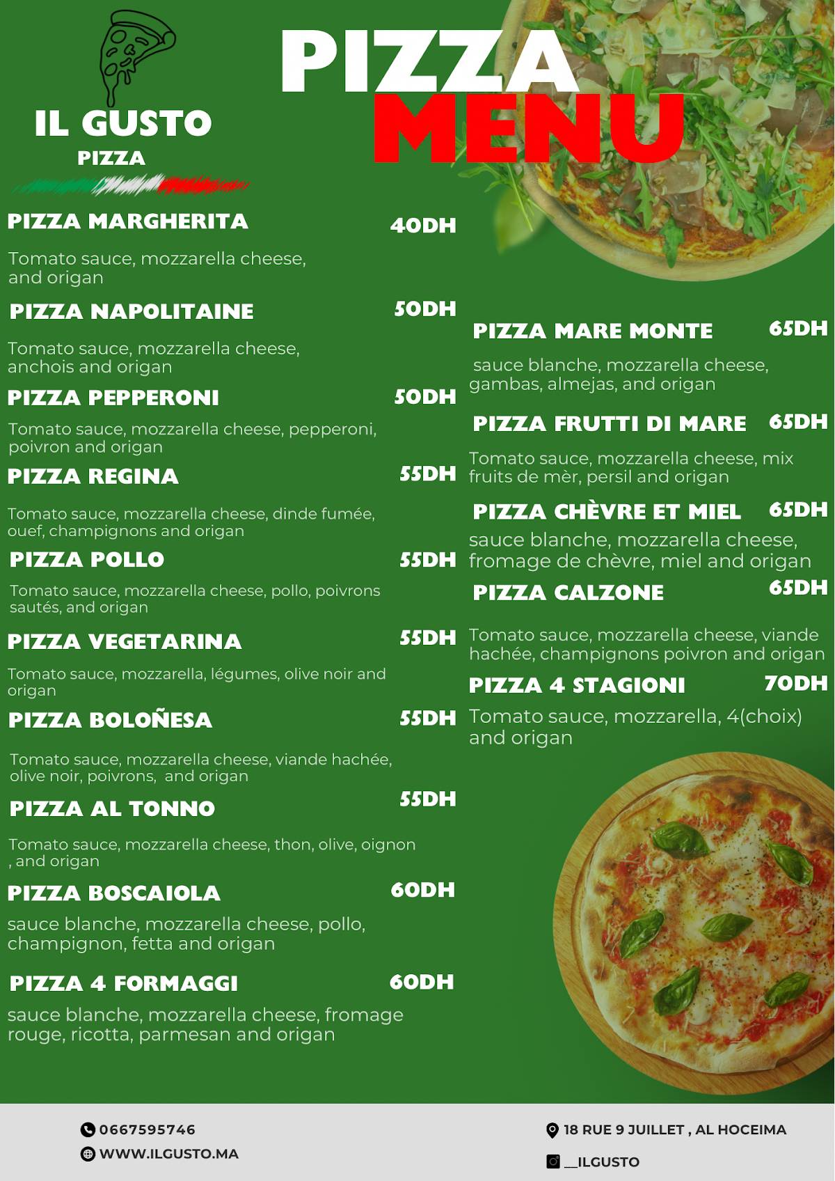 Menu au il Gusto restaurant, Al Hoceima