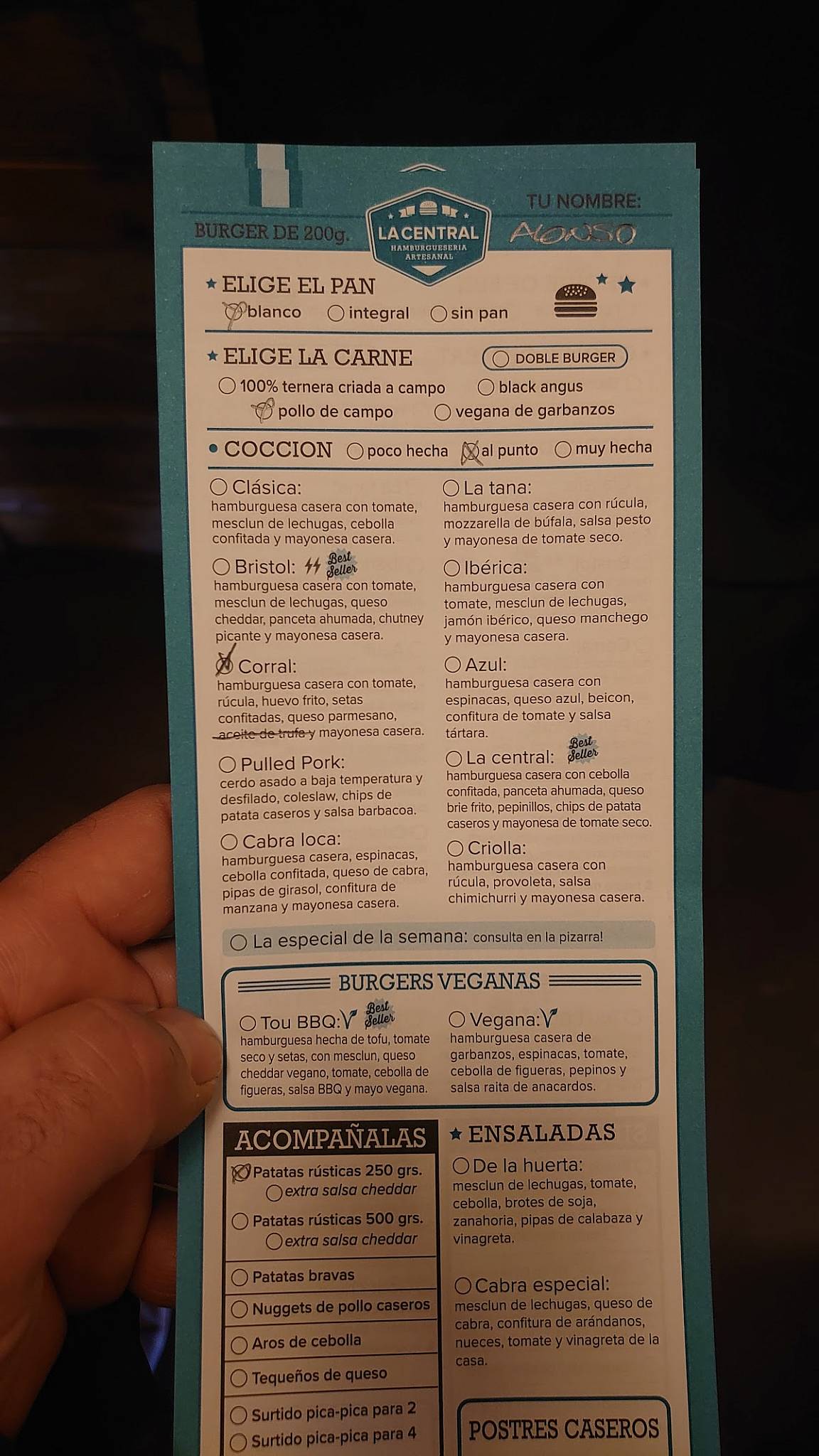 Carta del restaurante la central burger, Barcelona, Via Laietana 45