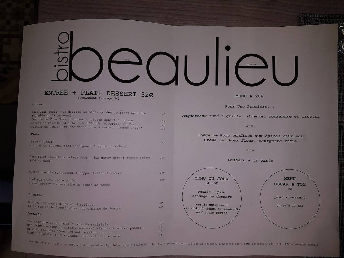 Menu au RESTAURANT LE BEAULIEU, Riorges