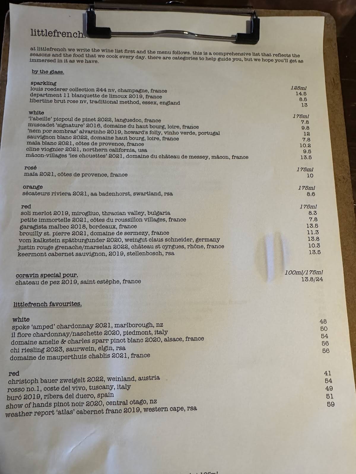 Menu at littlefrench restaurant, Bristol