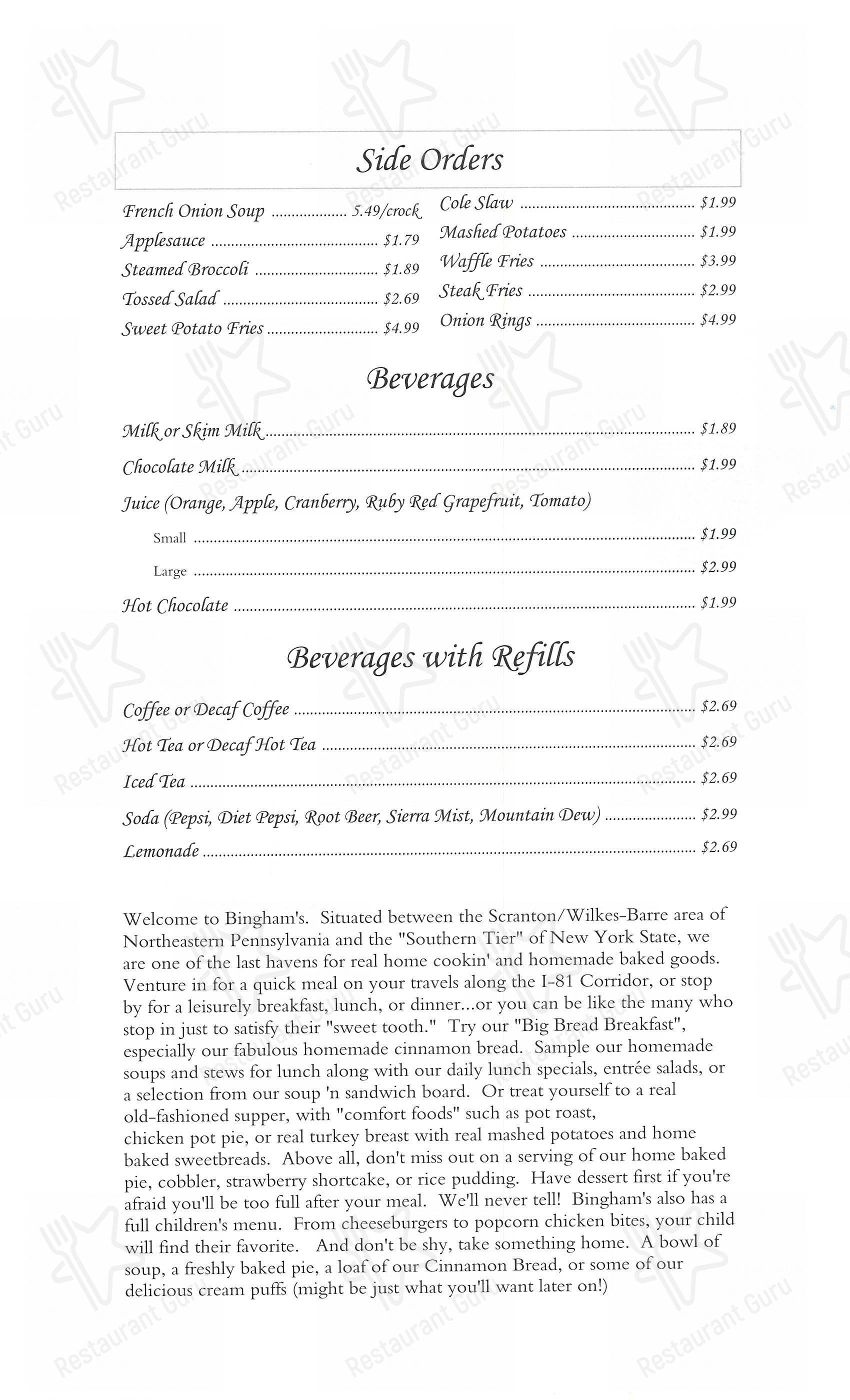 Menu at Bingham's restaurant, USA
