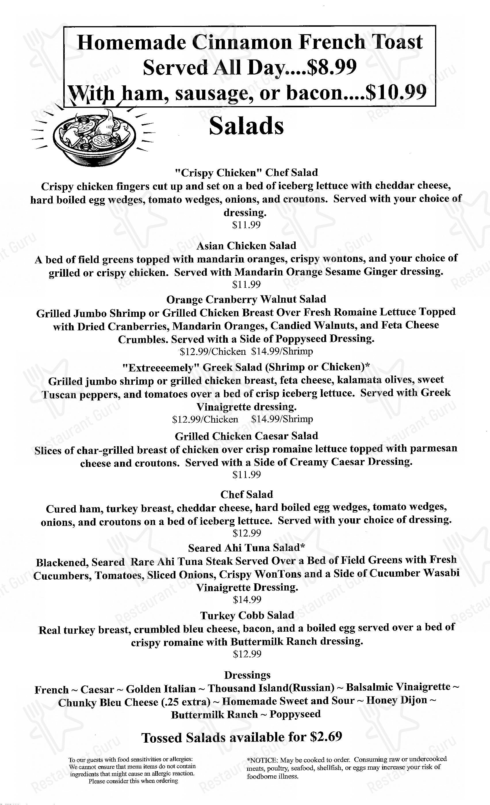 Menu at Bingham's restaurant, USA