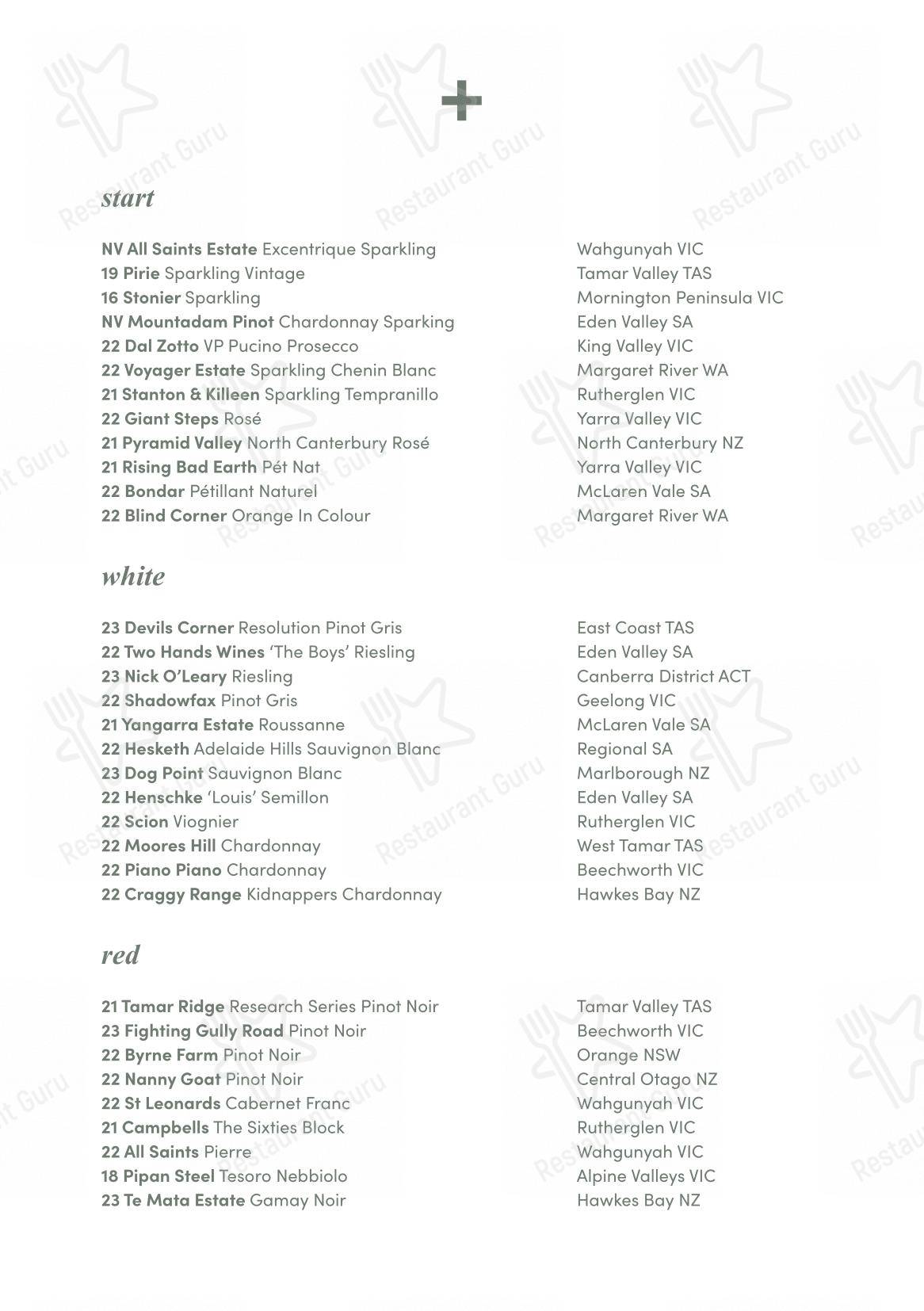 Menu at Ava Dining restaurant, Milawa