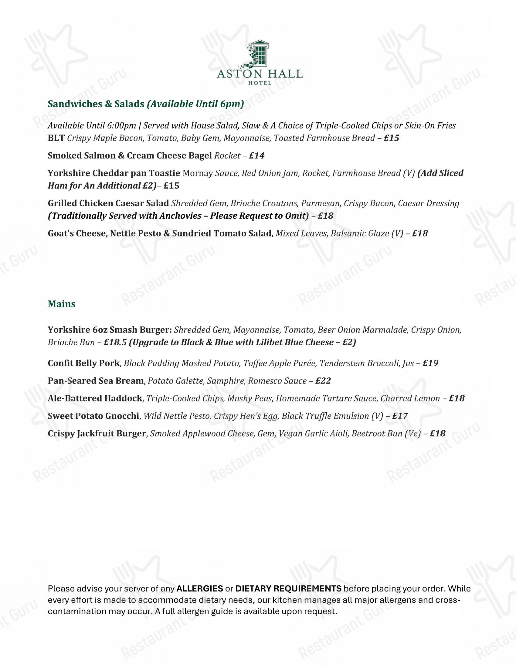 Menu at Aston Hall Hotel pub & bar, Sheffield
