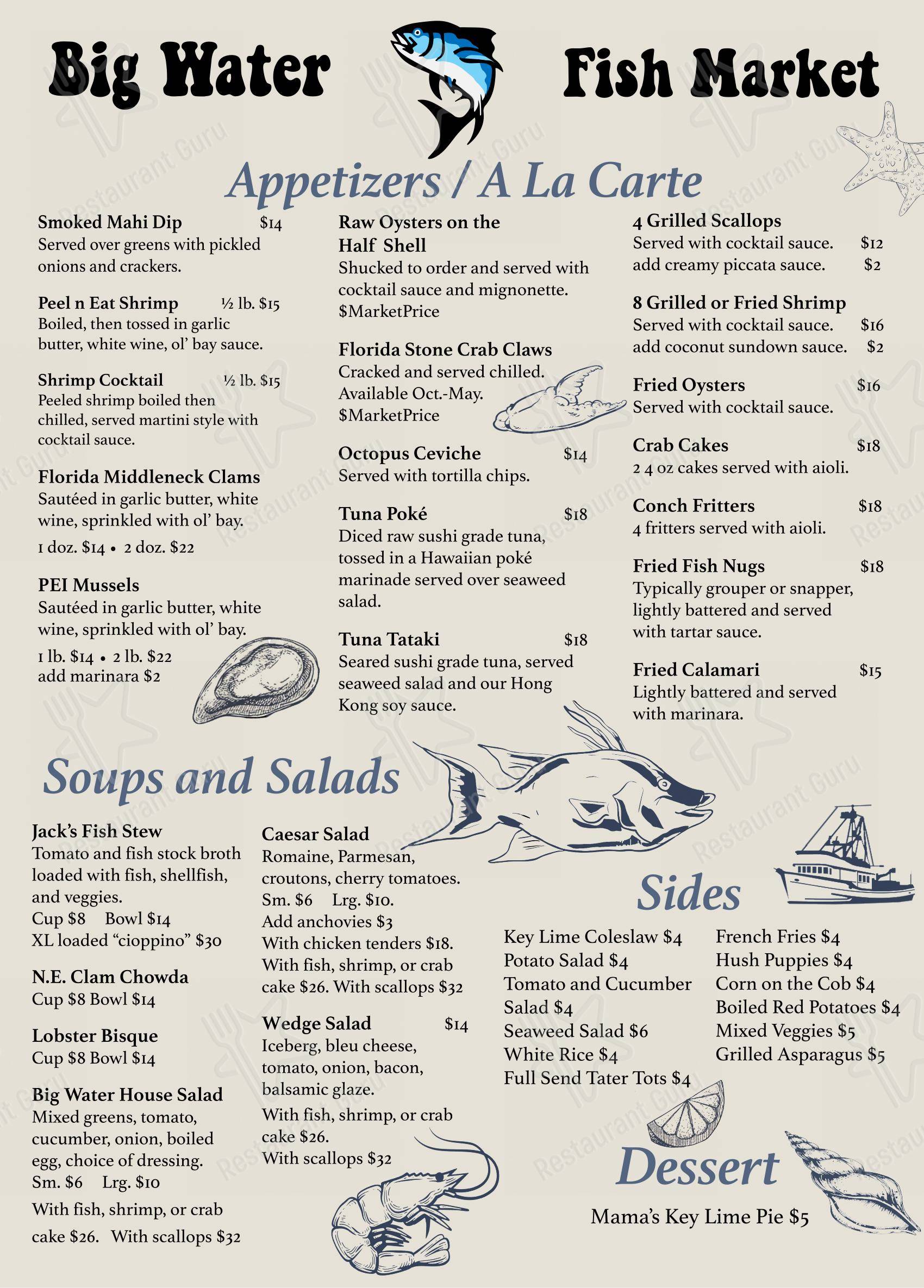 Menu at Big Water Fish Market restaurant, Sarasota, Midnight Pass Rd