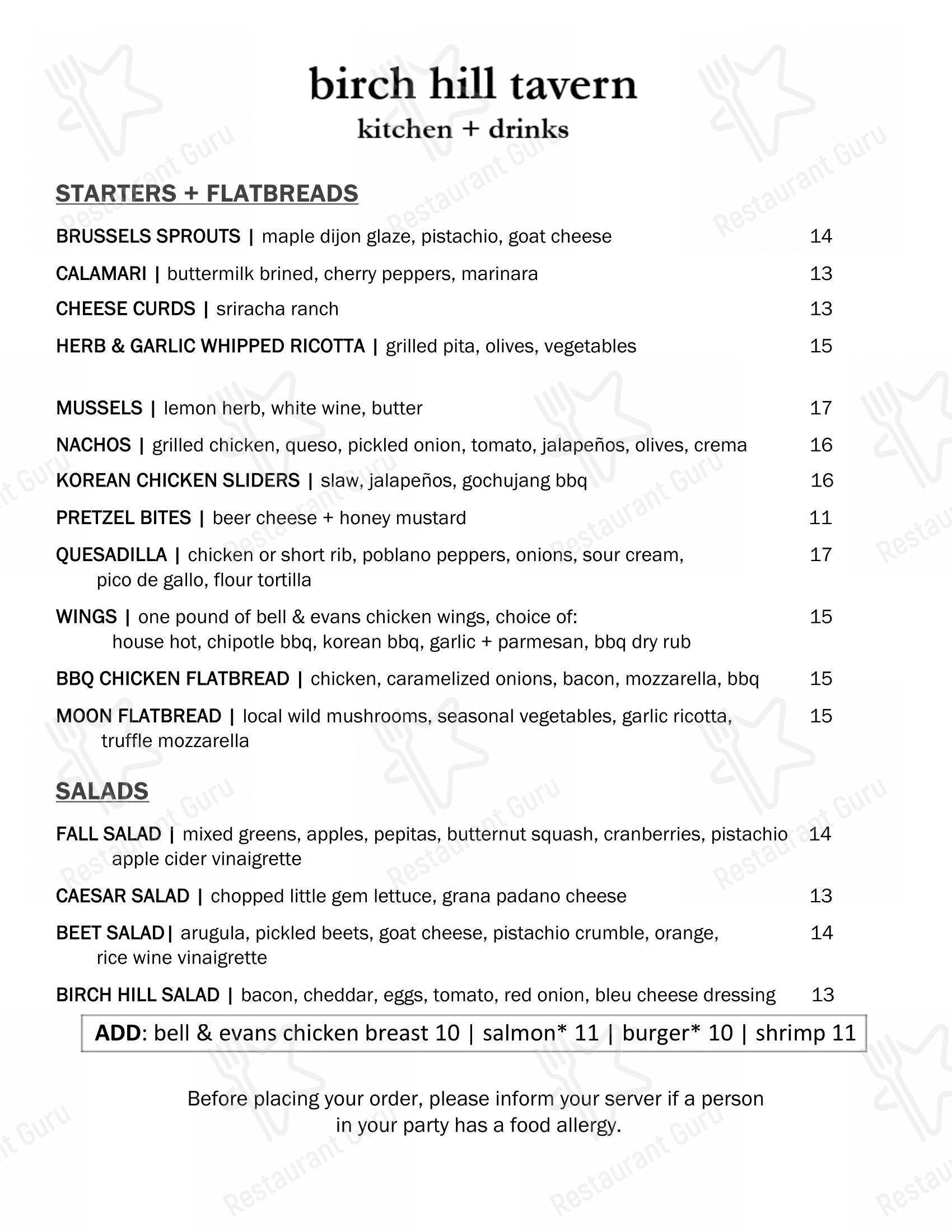 Menu at Birch Hill Tavern pub & bar, Glastonbury