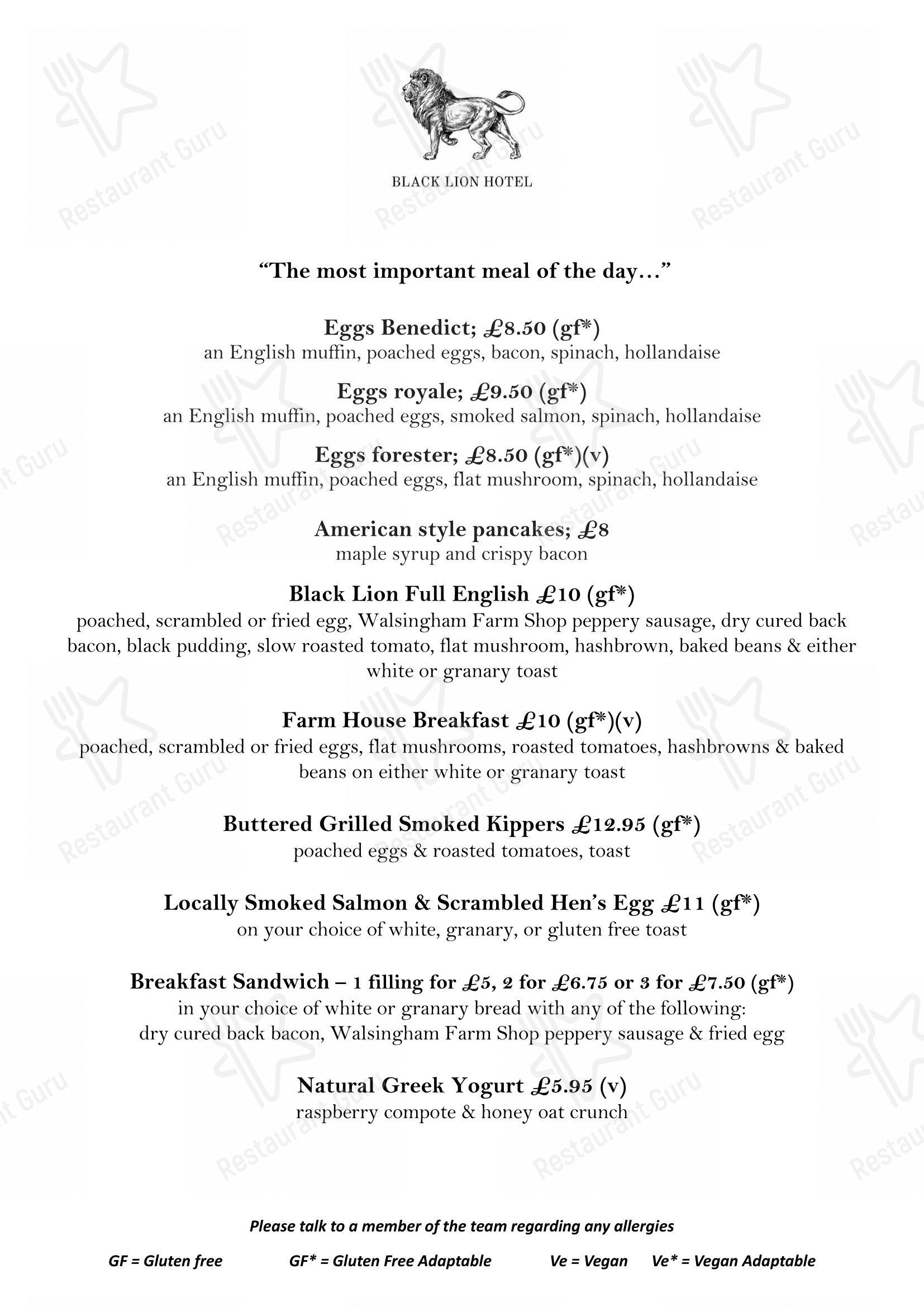 Menu at Black Lion Hotel pub & bar, Walsingham