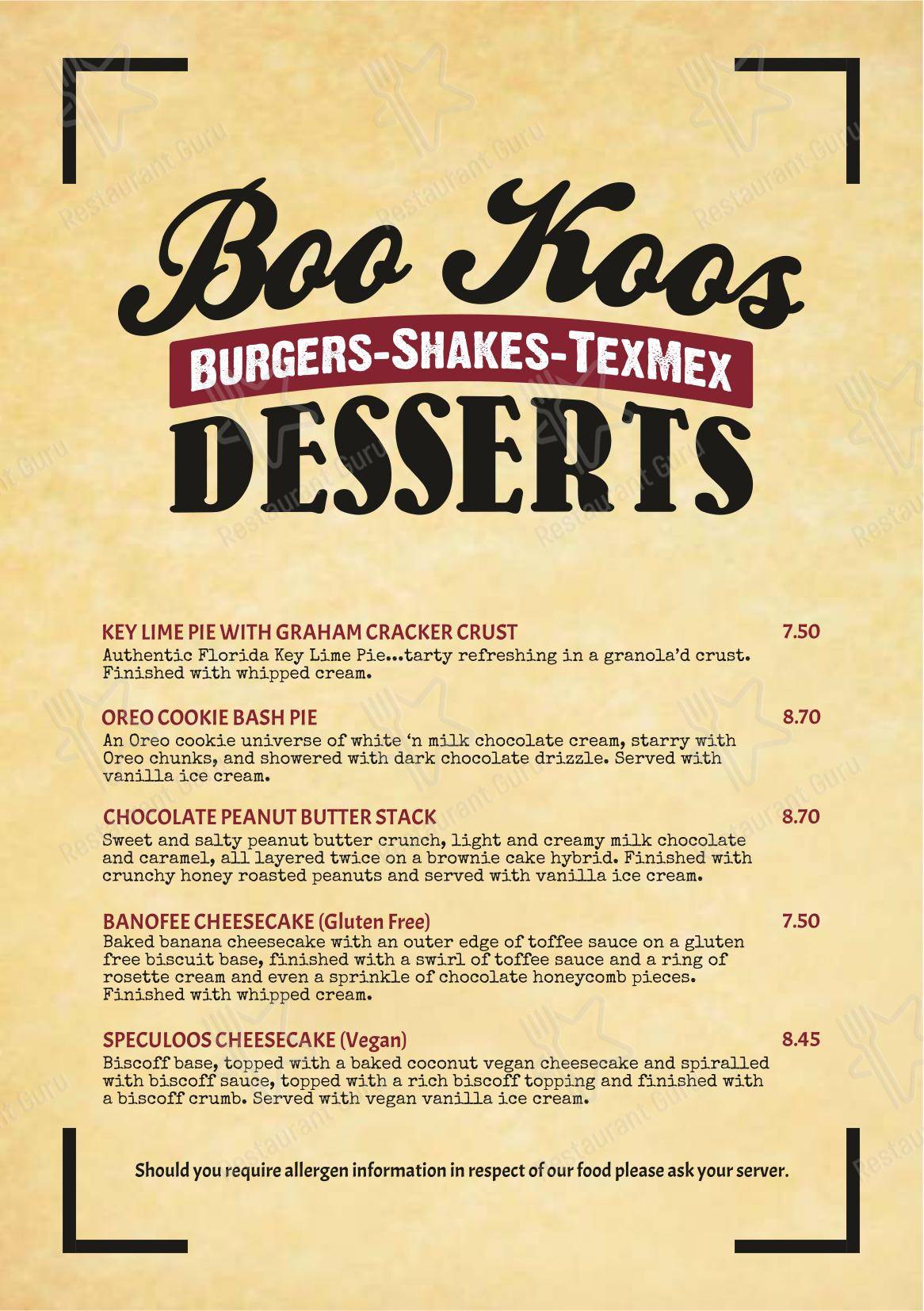 Menu at Boo Koos restaurant, Helston