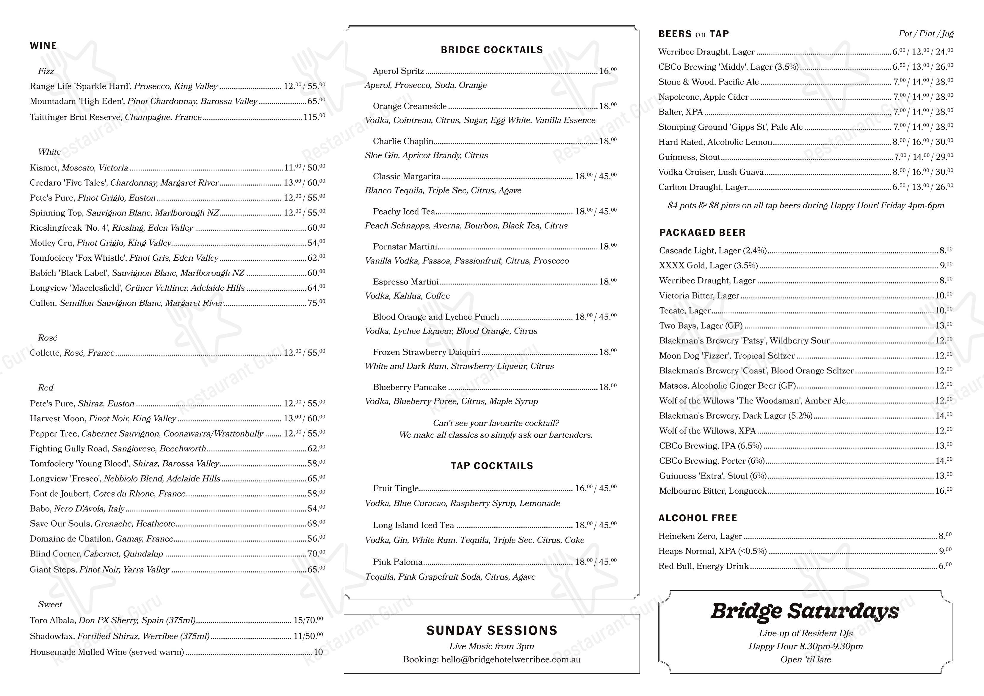 Menu at Bridge Hotel Werribee restaurant, Werribee