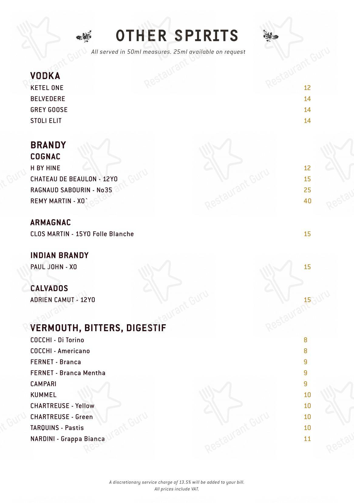 Menu at Brigadiers restaurant, London