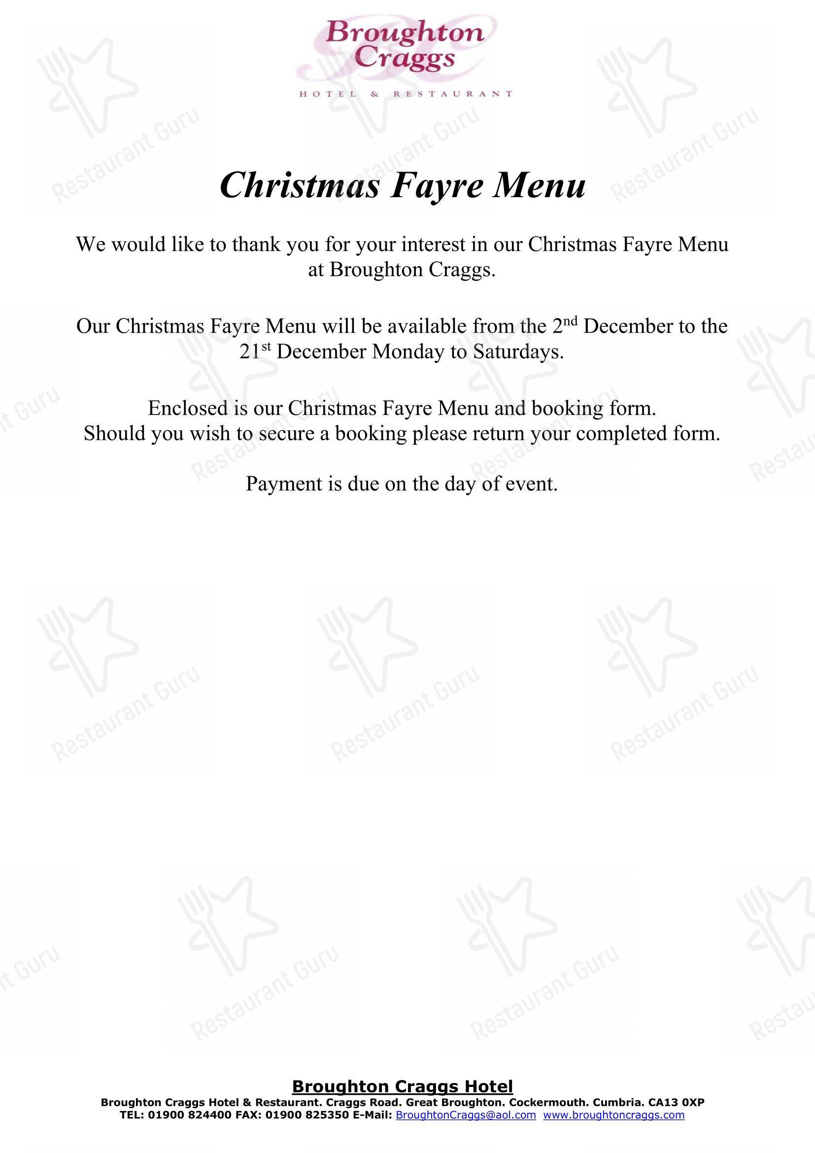 Menu at Broughton Craggs Hotel pub & bar, Broughton
