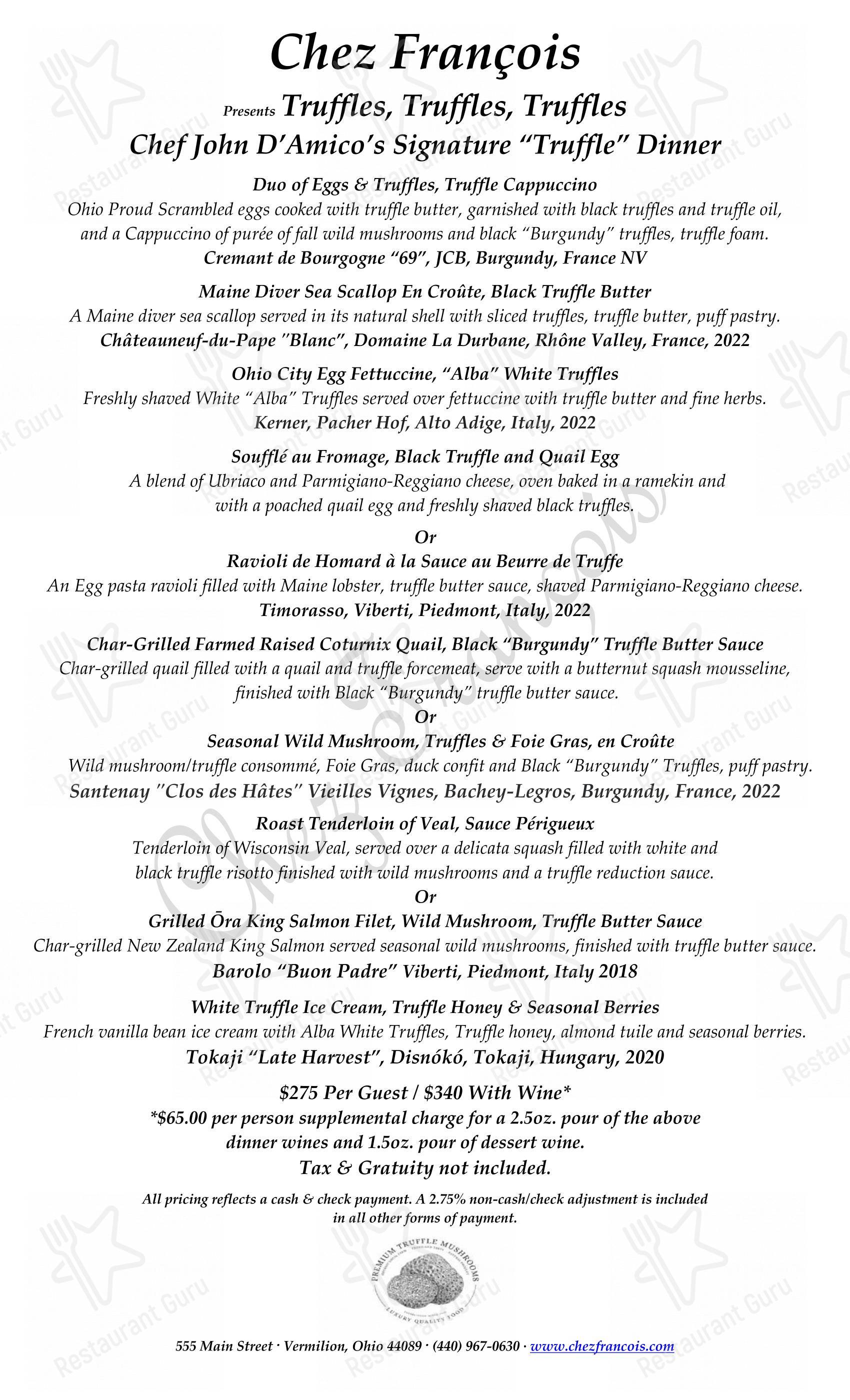 Menu at Chez Francois Restaurant & Touche Bistro, Vermilion